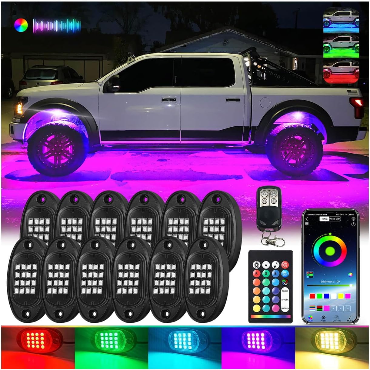 12Pods Segmented Rock Lights Kit with APP/RF Remote Control, Upgraded ...