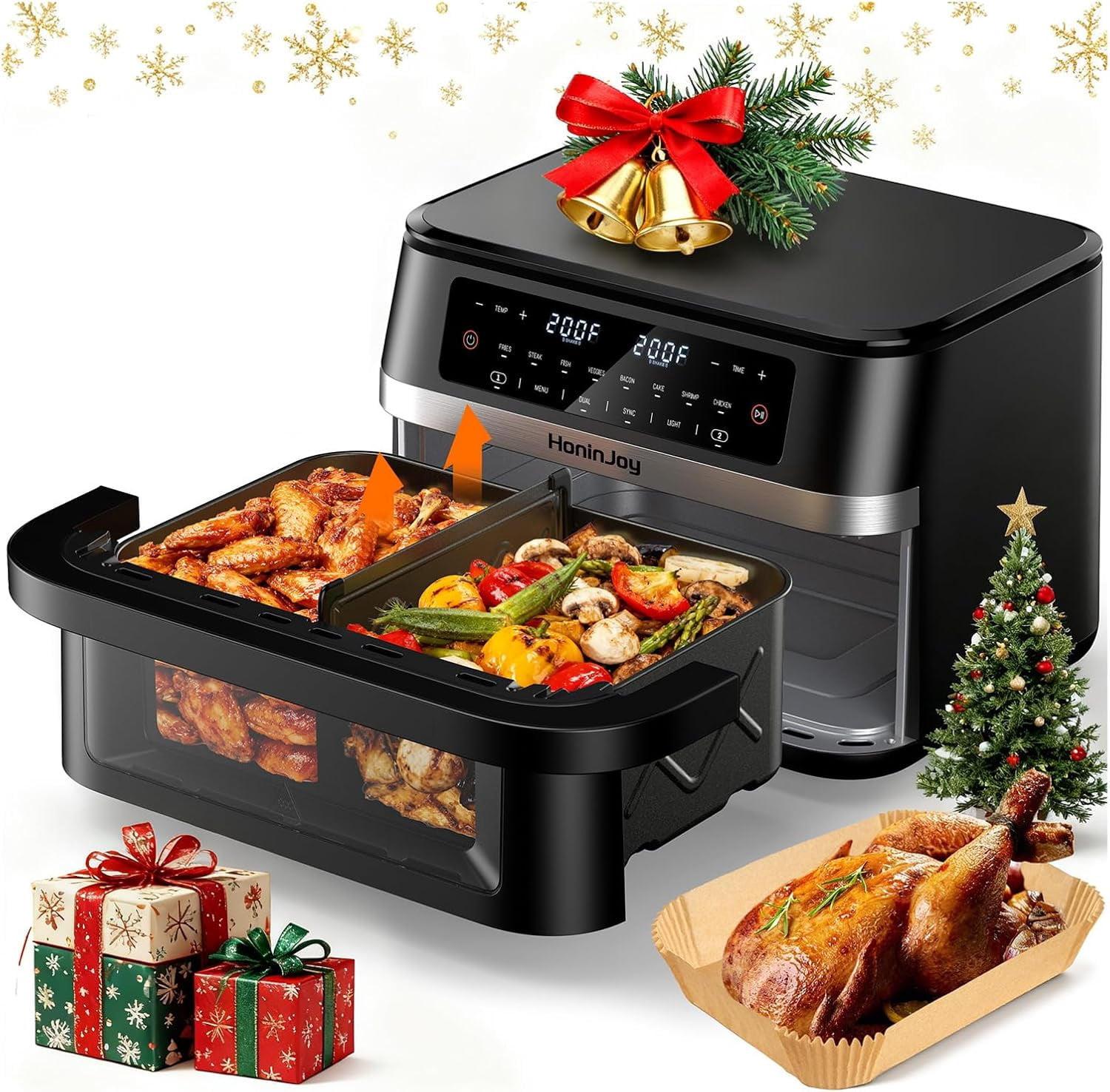 12QT Large Dual Basket Air Fryer with Flex Basket, Viewing Window and ...