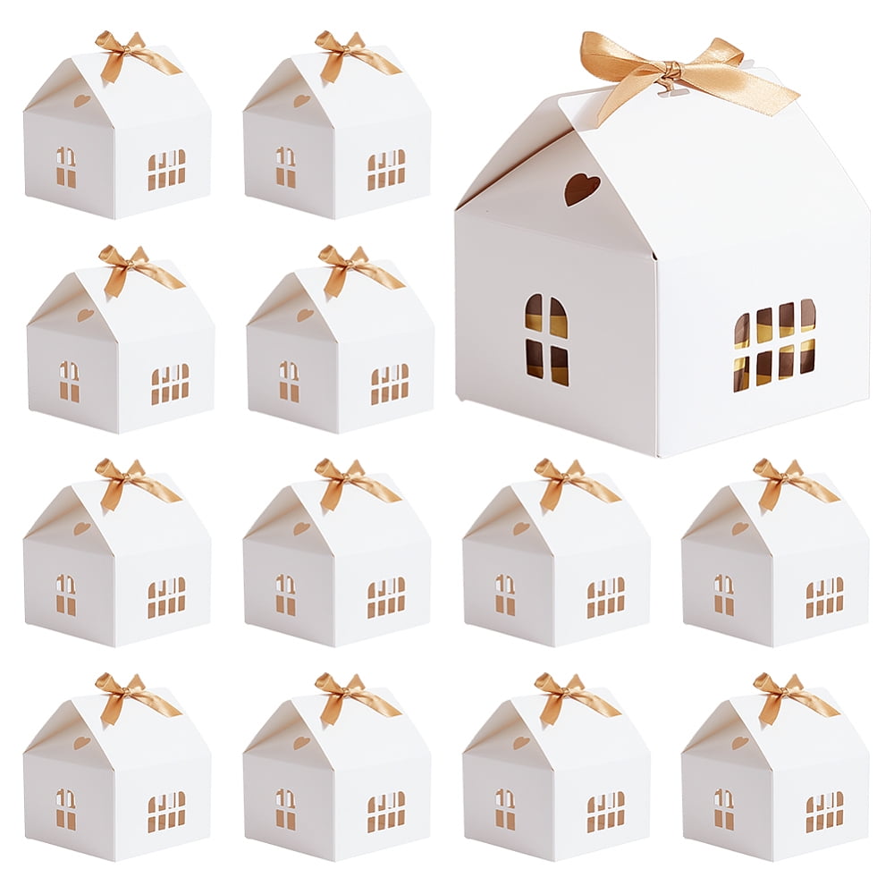 12Set House Shaped Gift Boxes 12 Sets White Cardboard Treat Boxes Wedding Favors with Ribbon ...