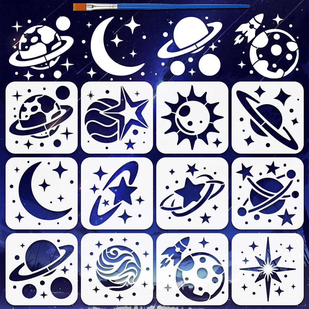 12Styles Planets Pattern Stencils with a Brush 5.9x5.9Inch Moon Stars ...
