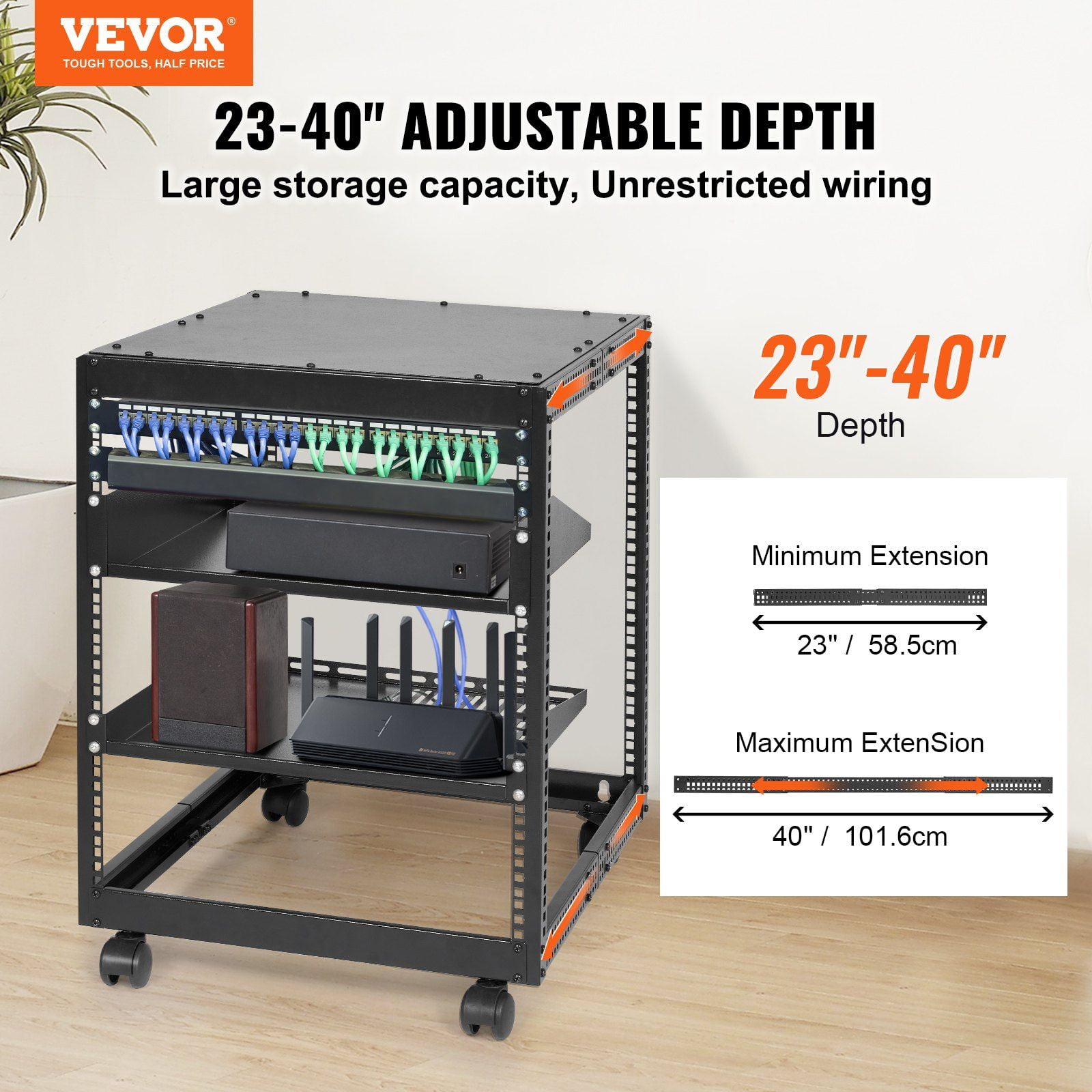 12U Adjustable Depth Server Rack, Free Standing/Wall Mount 4 Post Open ...