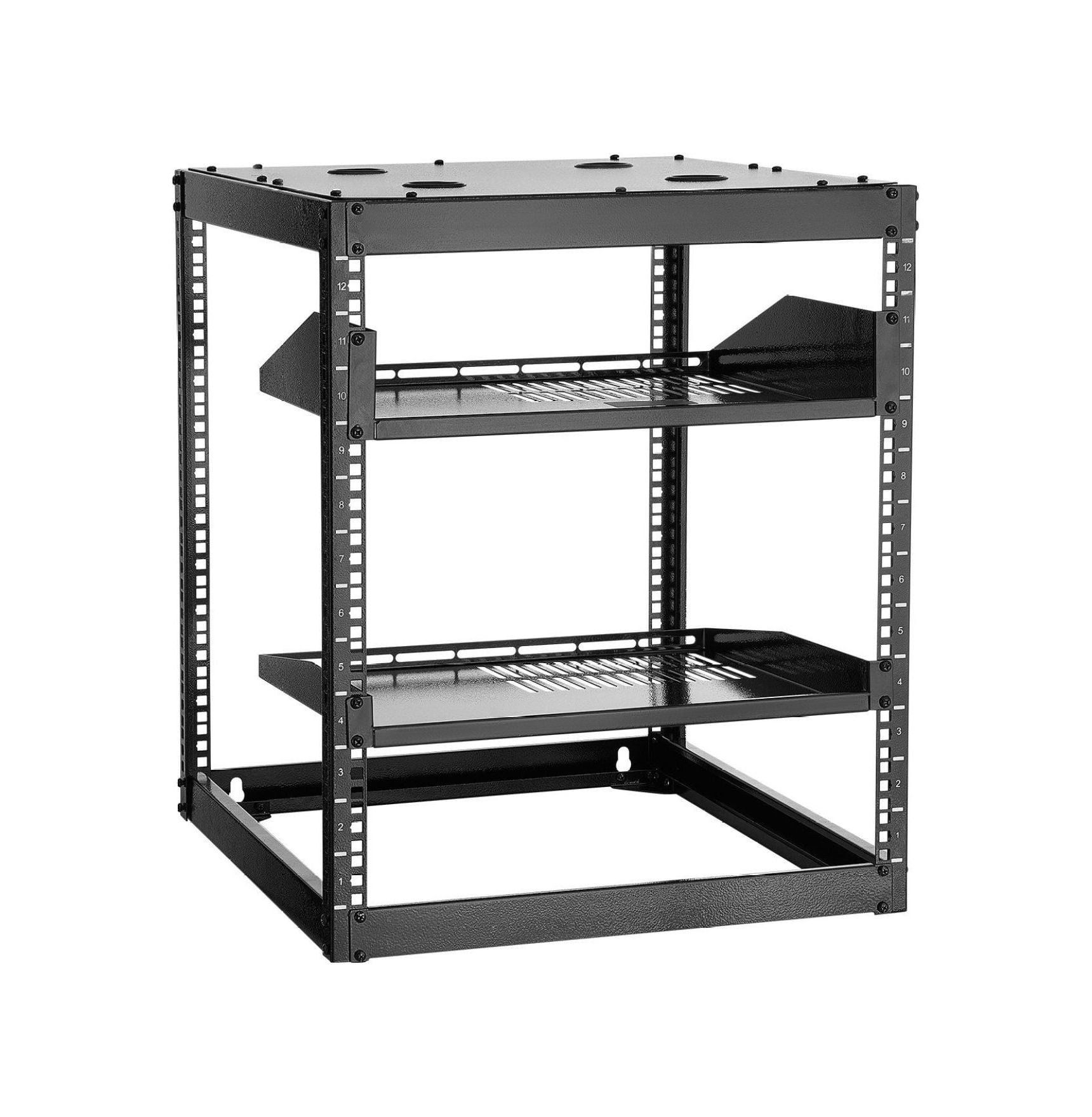 12U Open Frame Rack, 23in Deep - Wall Mount/Floor Standing Server Rack, 4 Post, Vented Shelves ...