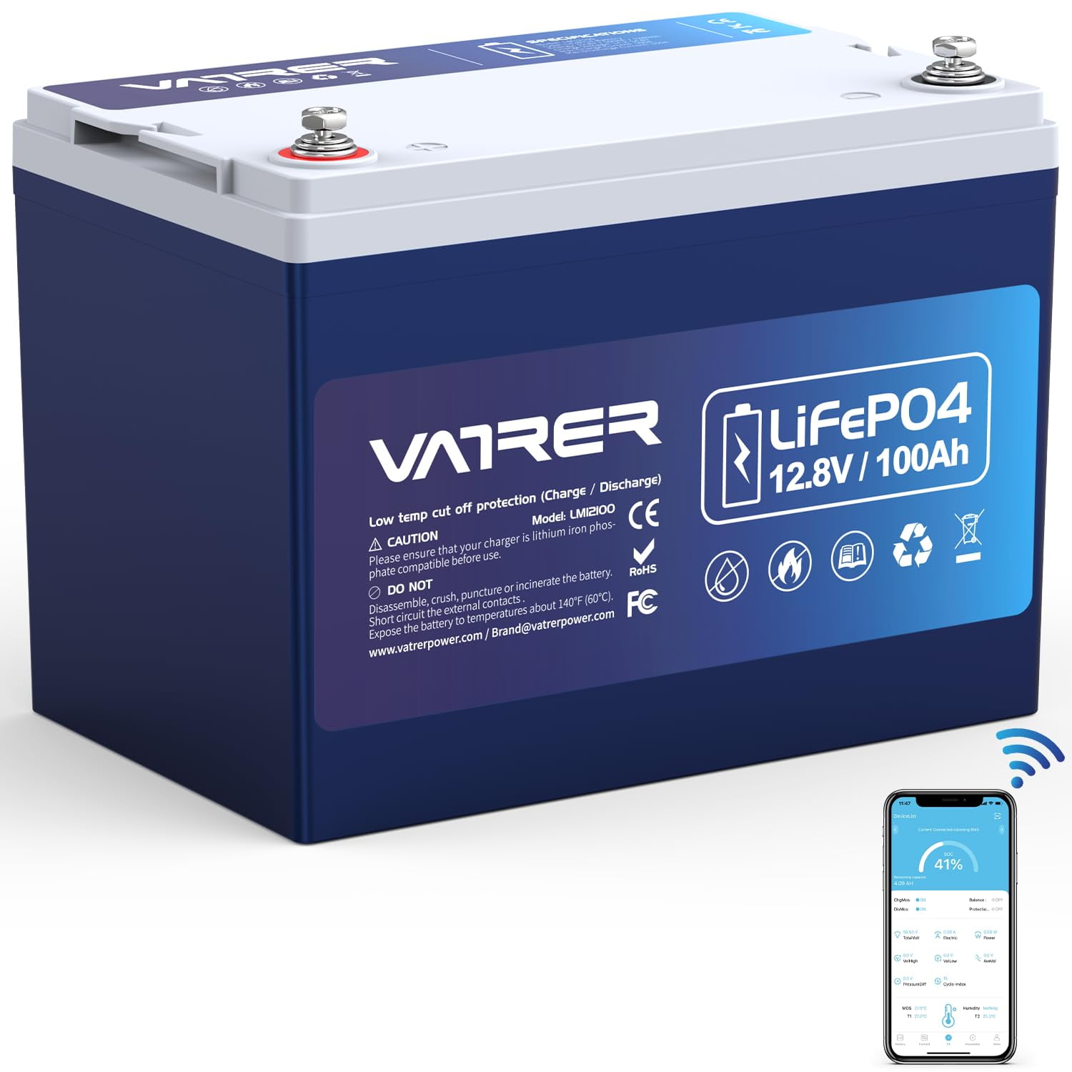 VATRER POWER 12V 100AH Group 24 Low Temp Cutoff Bluetooth LiFePO4 ...