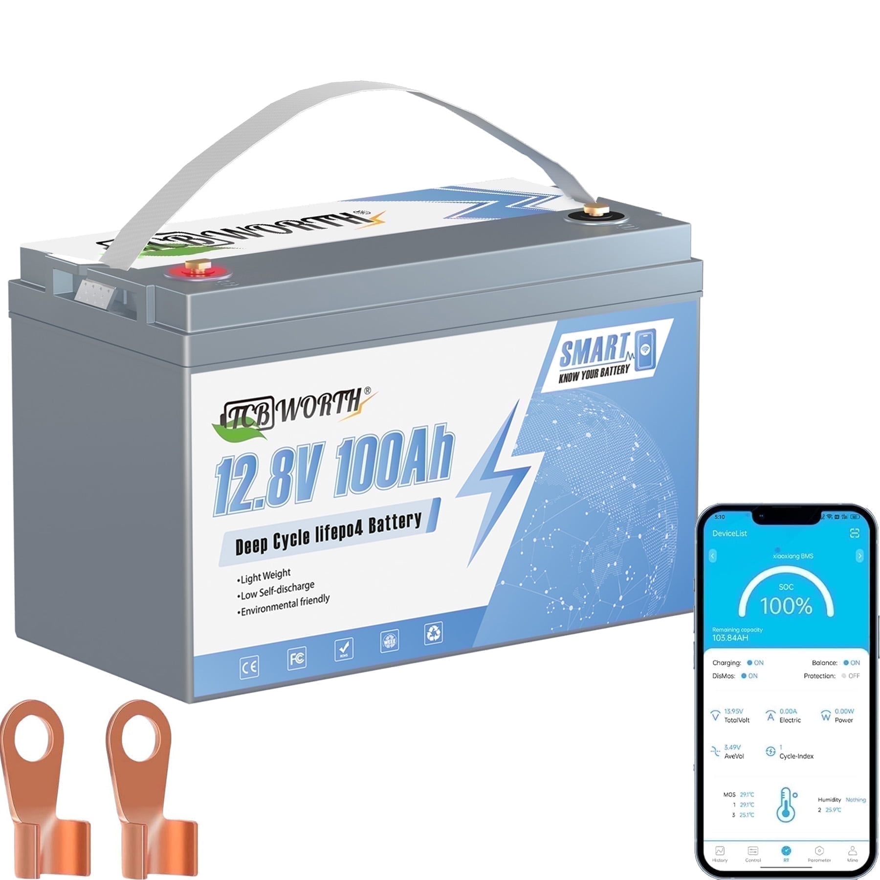 12V 100AH LiFePO4 Battery Bluetooth,TCBWORTH Lithium Batteries for RV,Solar,Trolling Motors ...