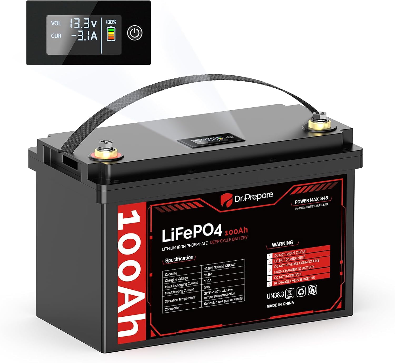 12V 100Ah LiFePO4 Battery with Updated LED Meter, 1280Wh Group 31 Deep ...