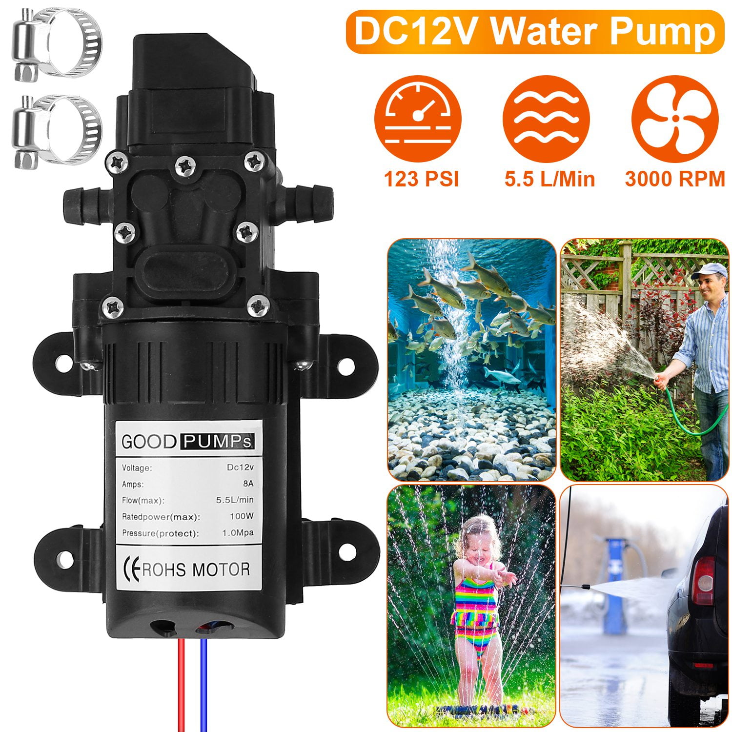 12V 100W Electric Diaphragm Water Pump w/ 2 Hose Clamps 123PSI Self ...