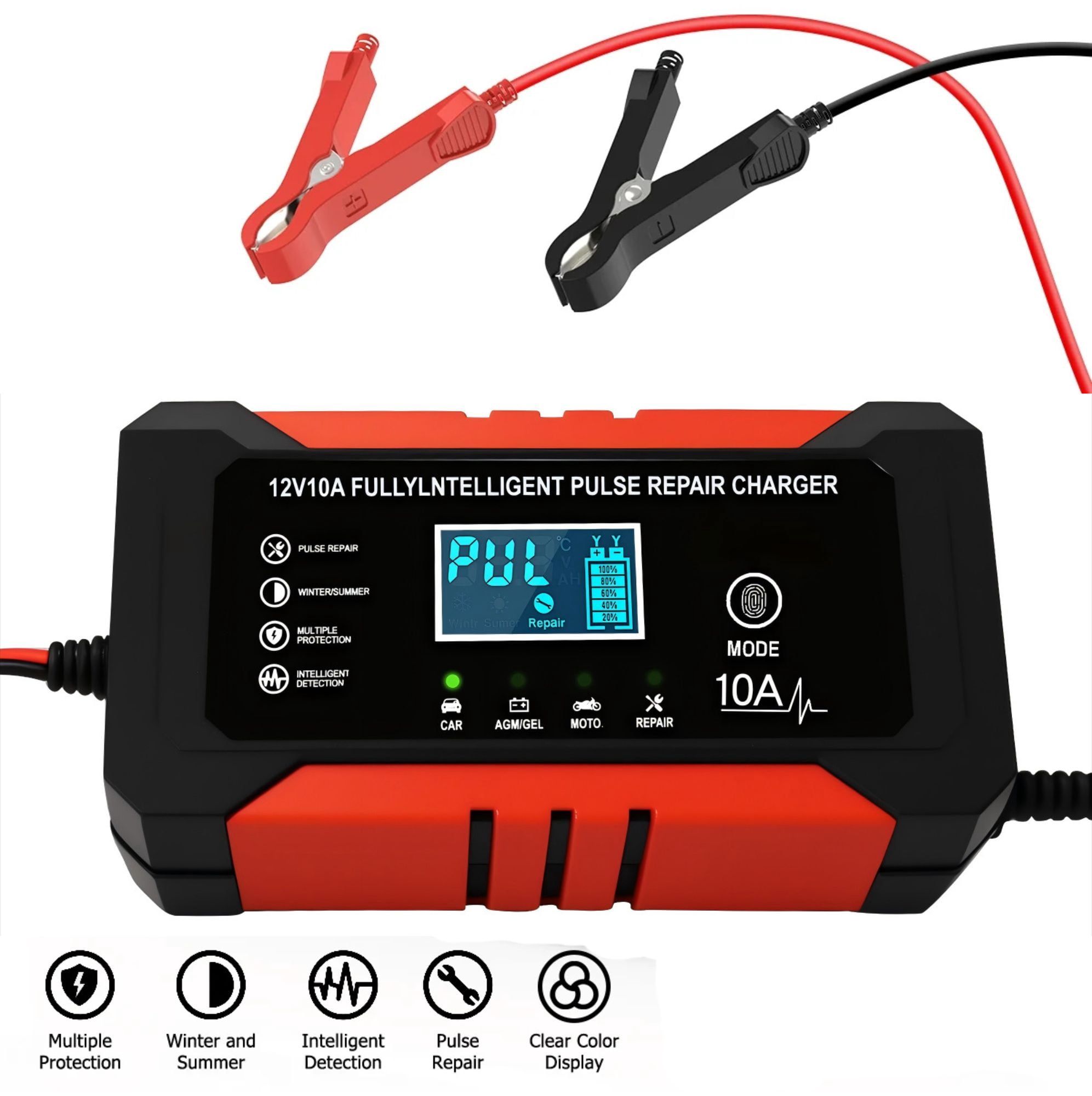 12V/10A Car And Motorcycle Battery Charger Color Screen Digital Display ...