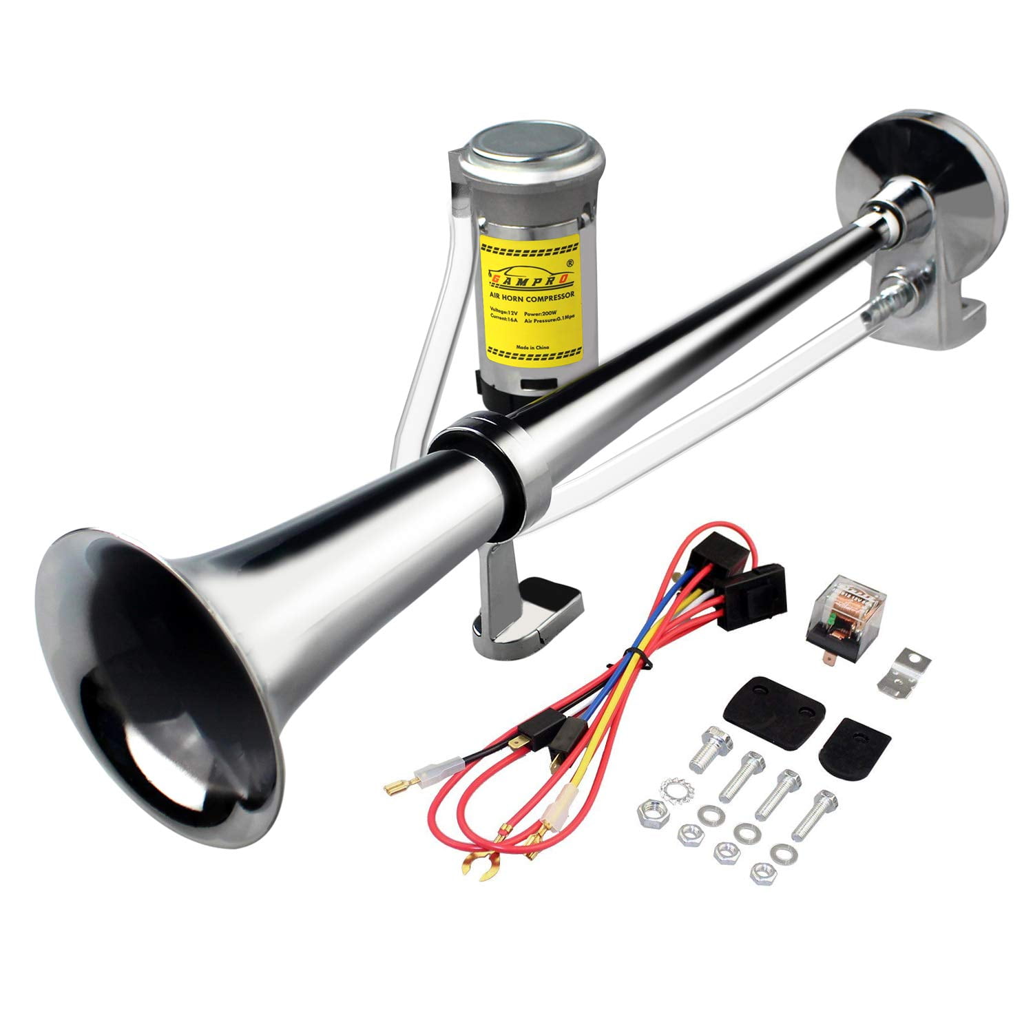 12V 150DB Car Air Horns, 18 Inches Chrome Zinc Single Trumpet Truck Air Horn with Compressor for ...