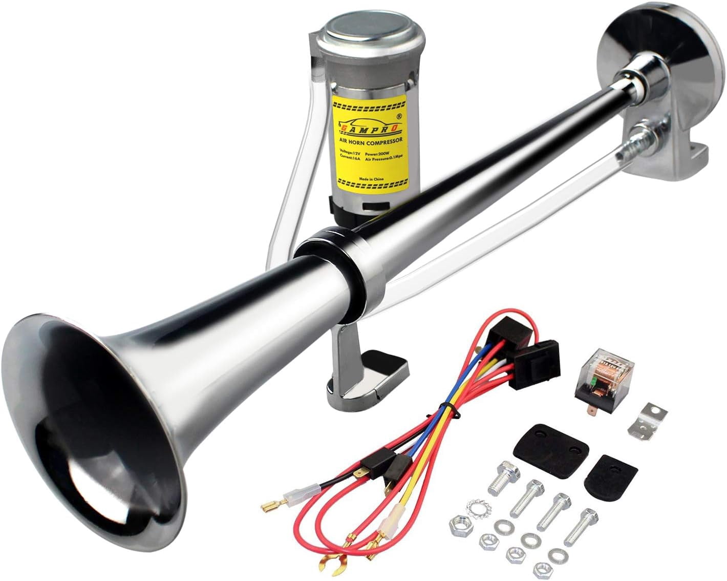 12V 150DB Car Air Horns, 18 Inches Chrome Zinc Single Trumpet Truck Air ...