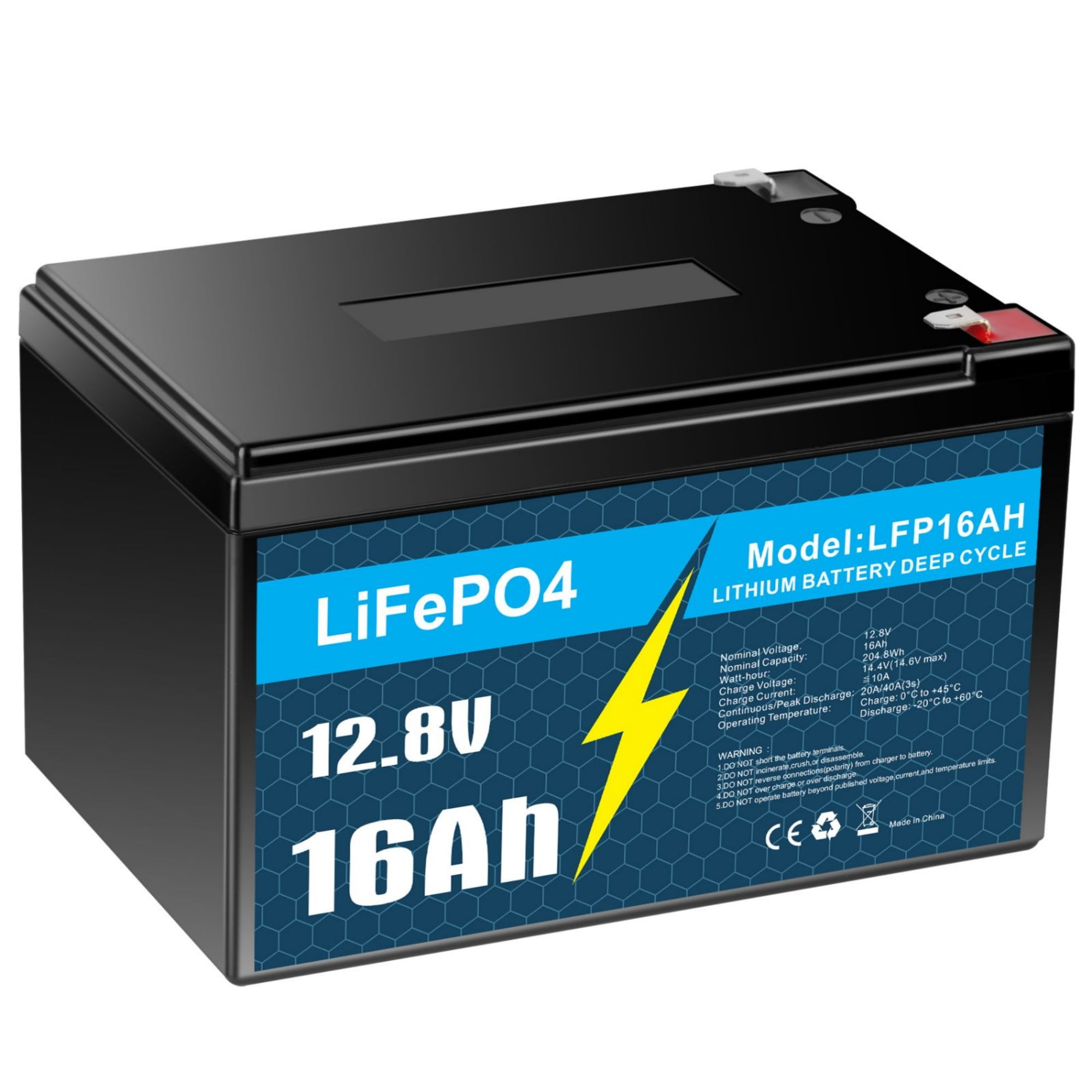 12V 16Ah Lithium LiFePO4 Battery Deep Cycle, Built-in 16A BMS, for ...