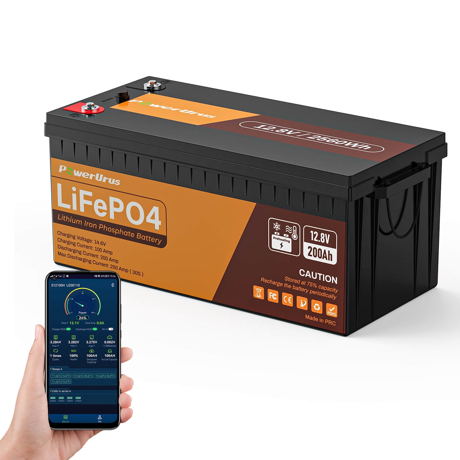 12V 200Ah Self-Heating LiFePO4 Lithium Battery with Smart APP, 4000 ...