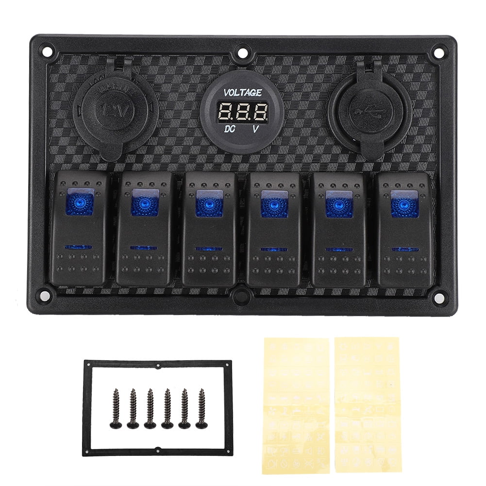 12V?24V 6 Gang Rocker Switch Panel with Cigarette Lighter Socket 2 USB ...