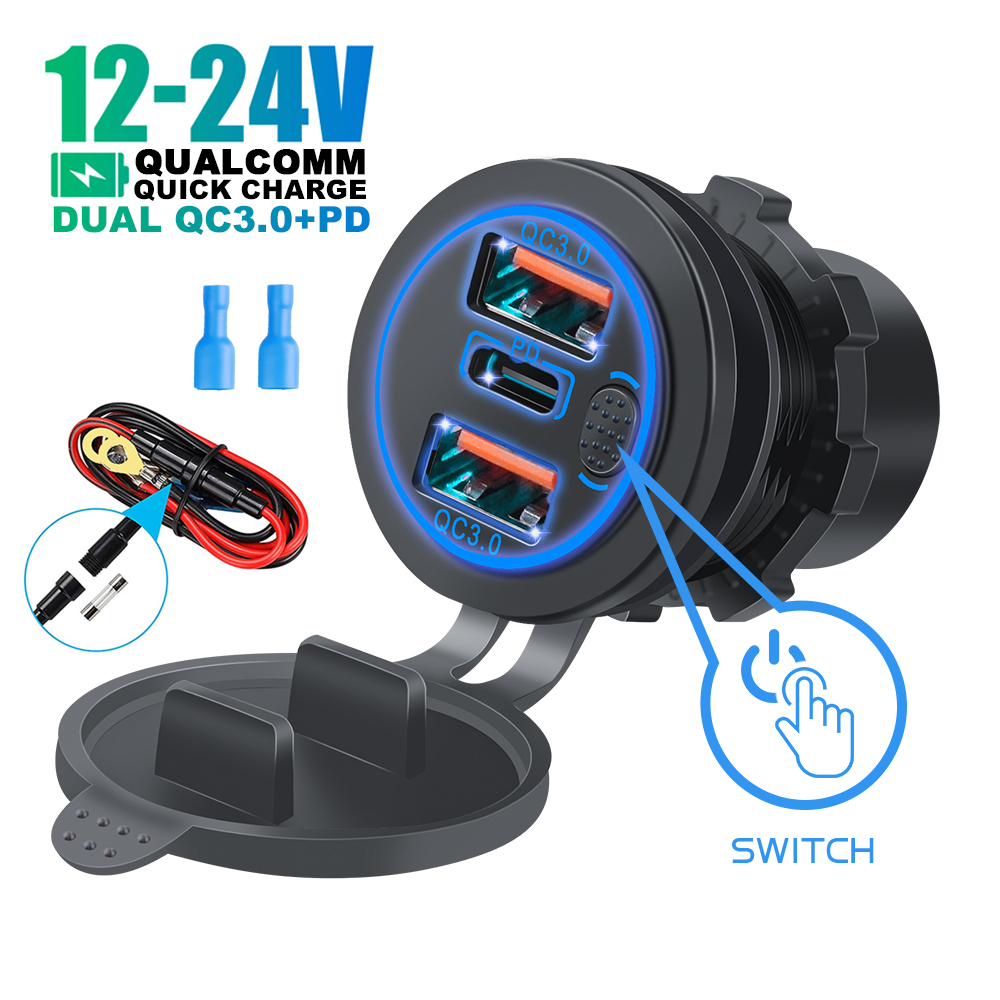12V/24V Car Charger Triple Socket Dual USB QC 3.0 and PD Type-C 68W Car ...