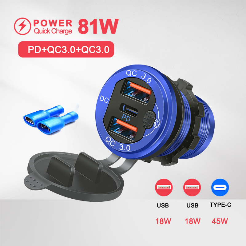 12V/24V Triple Aluminum 81W USB-C Multiple Car Charger Socket PD3.0 ...