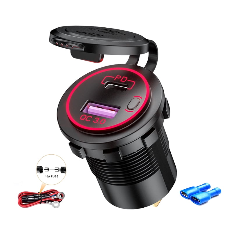 12V/24V USB C Car Charger Socket 65W Dual PD Type C & 18W QC3.0 Power ...