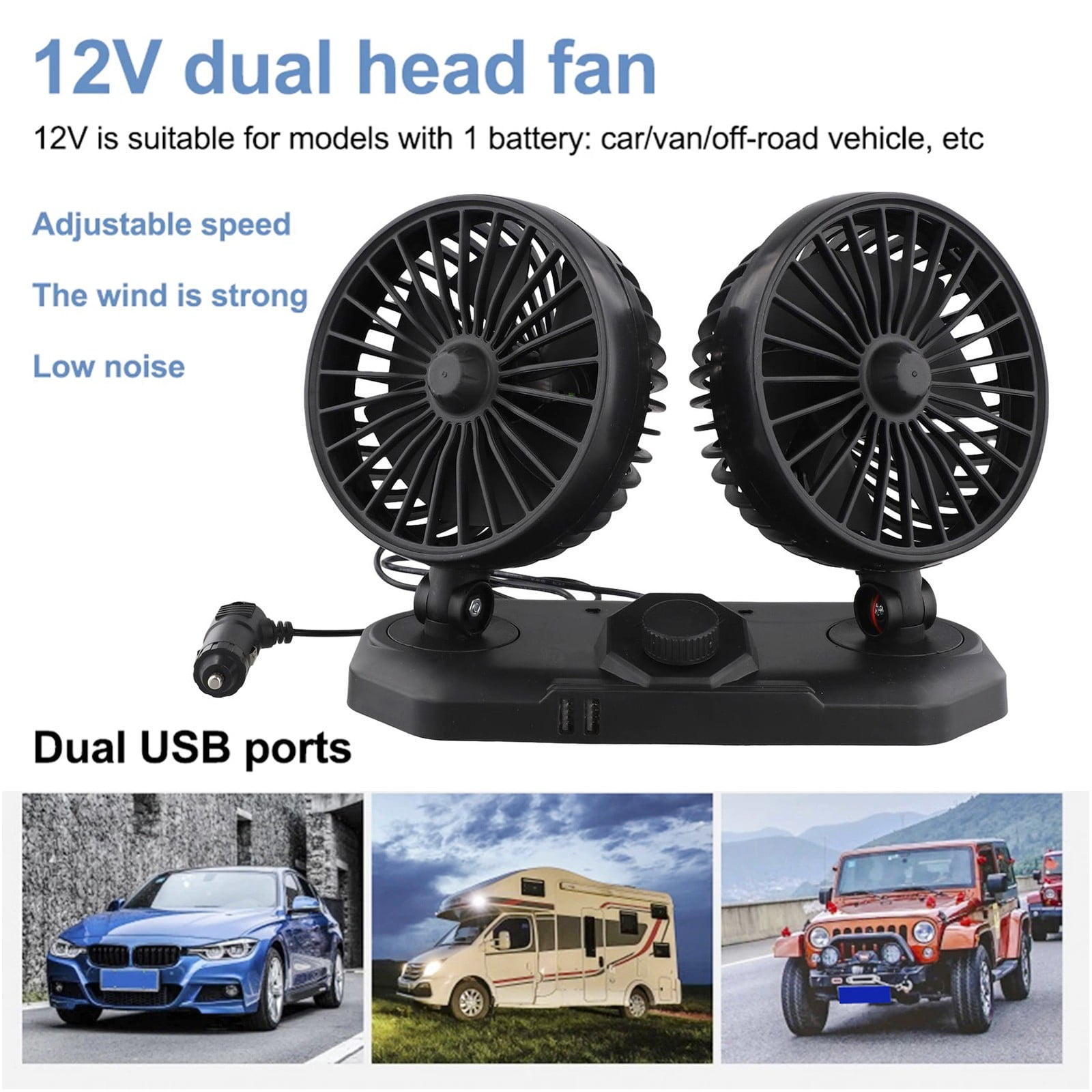 12V 24V USB Car Cooling Fan Single Dual Head Adjustable Cooler Wind ...
