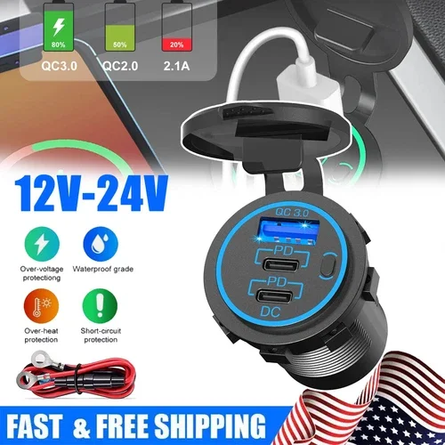 12V-24V Usb C Fast Car Charger 3Port Pd & Qc3.0 Outlet Socket For Boat ...