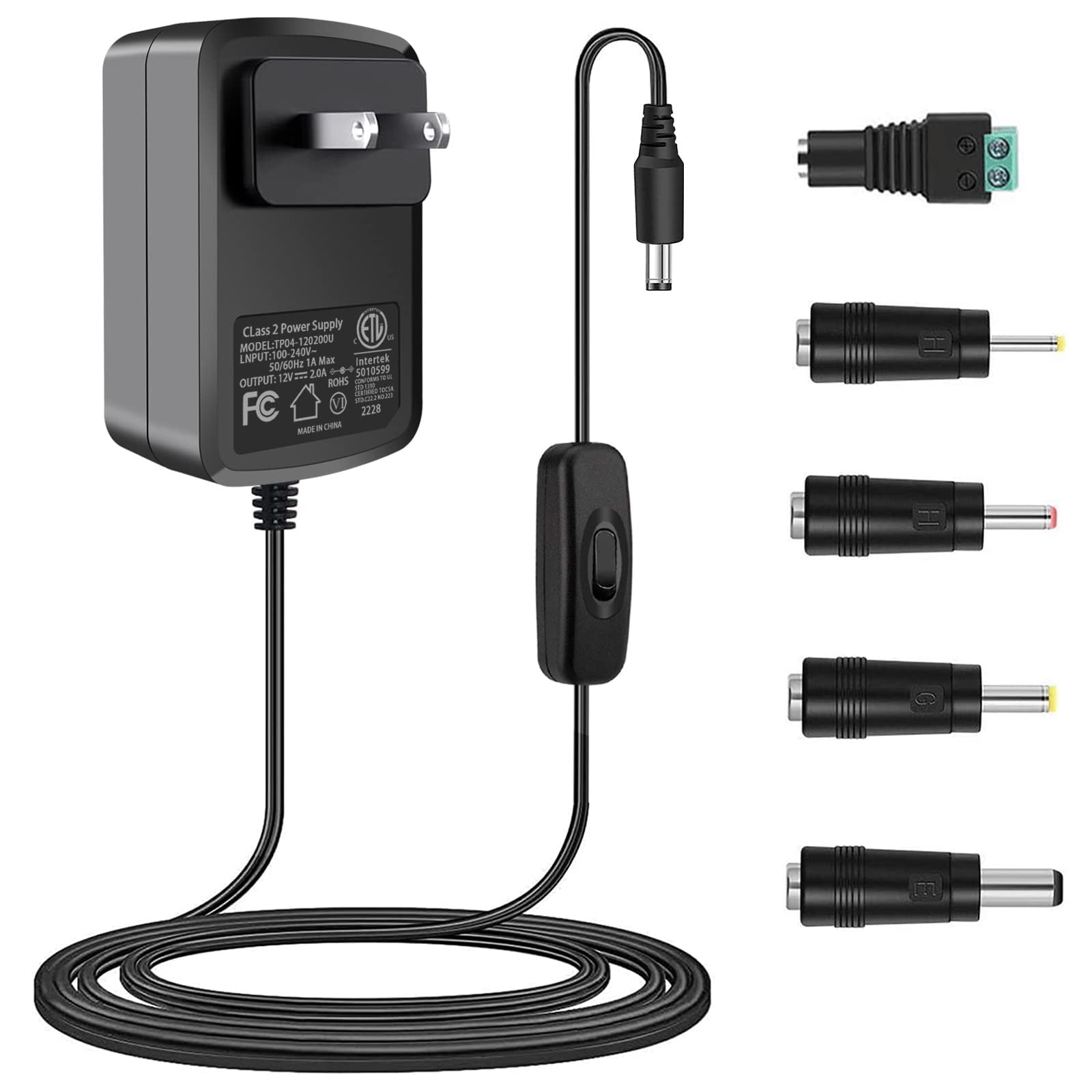12V 2A Power Adapter with Inline On/Off Switch - 24W Supply, 5 ...