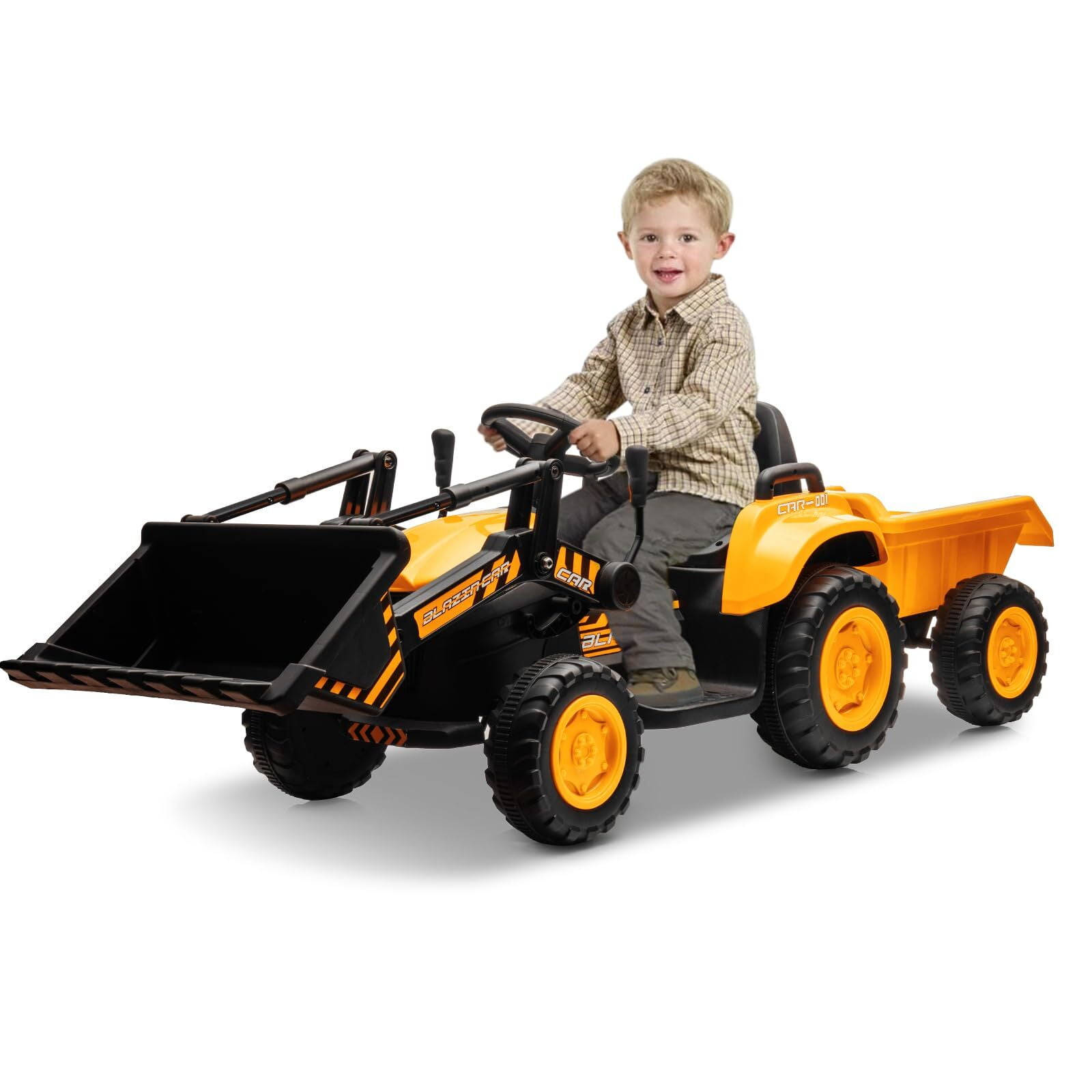12V 3-in-1 Kids' Electric Tractor with Bulldozer and Detachable Trailer ...
