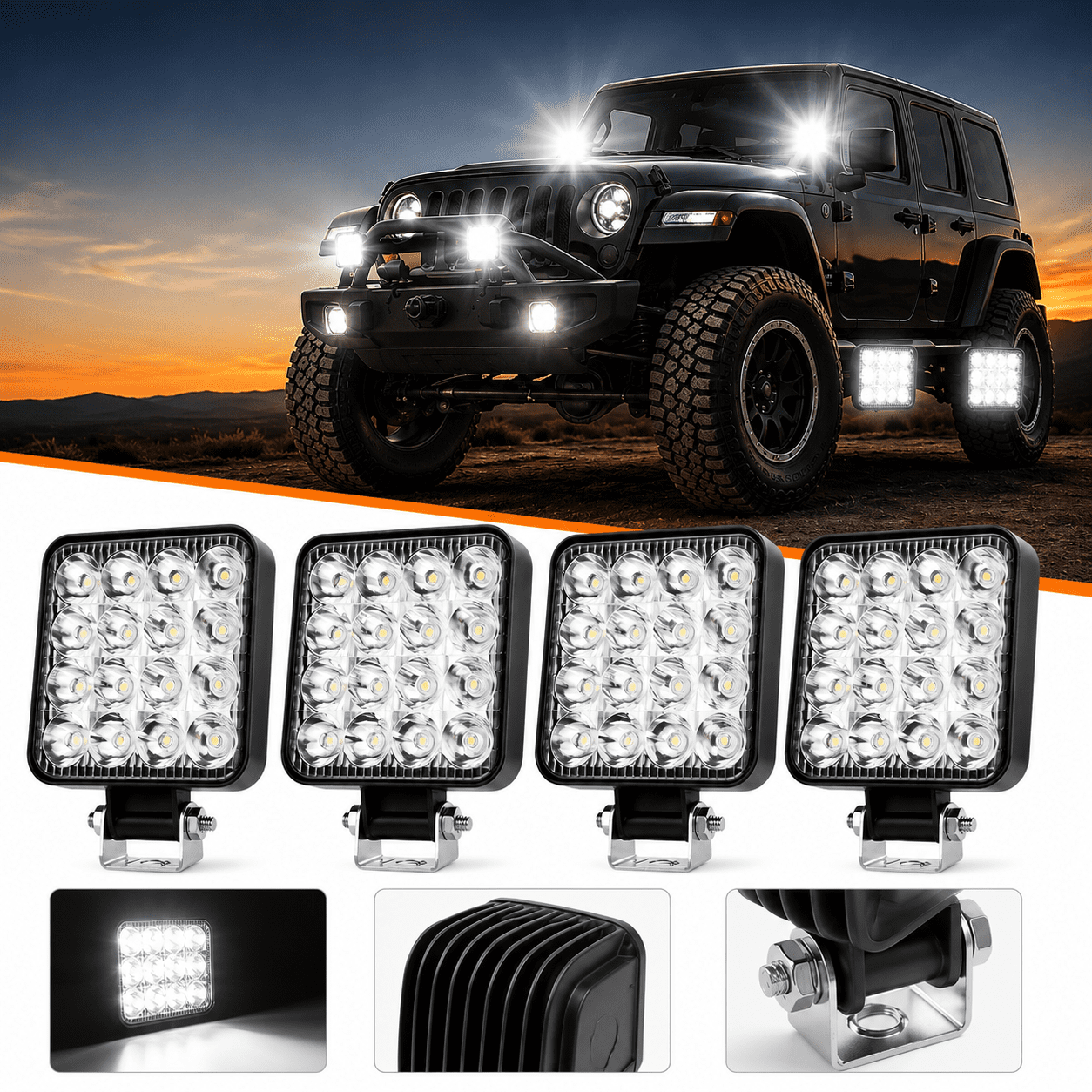 12V 4PCS Square LED Work Light Pods Spot Beam Off Road Driving Lights ...