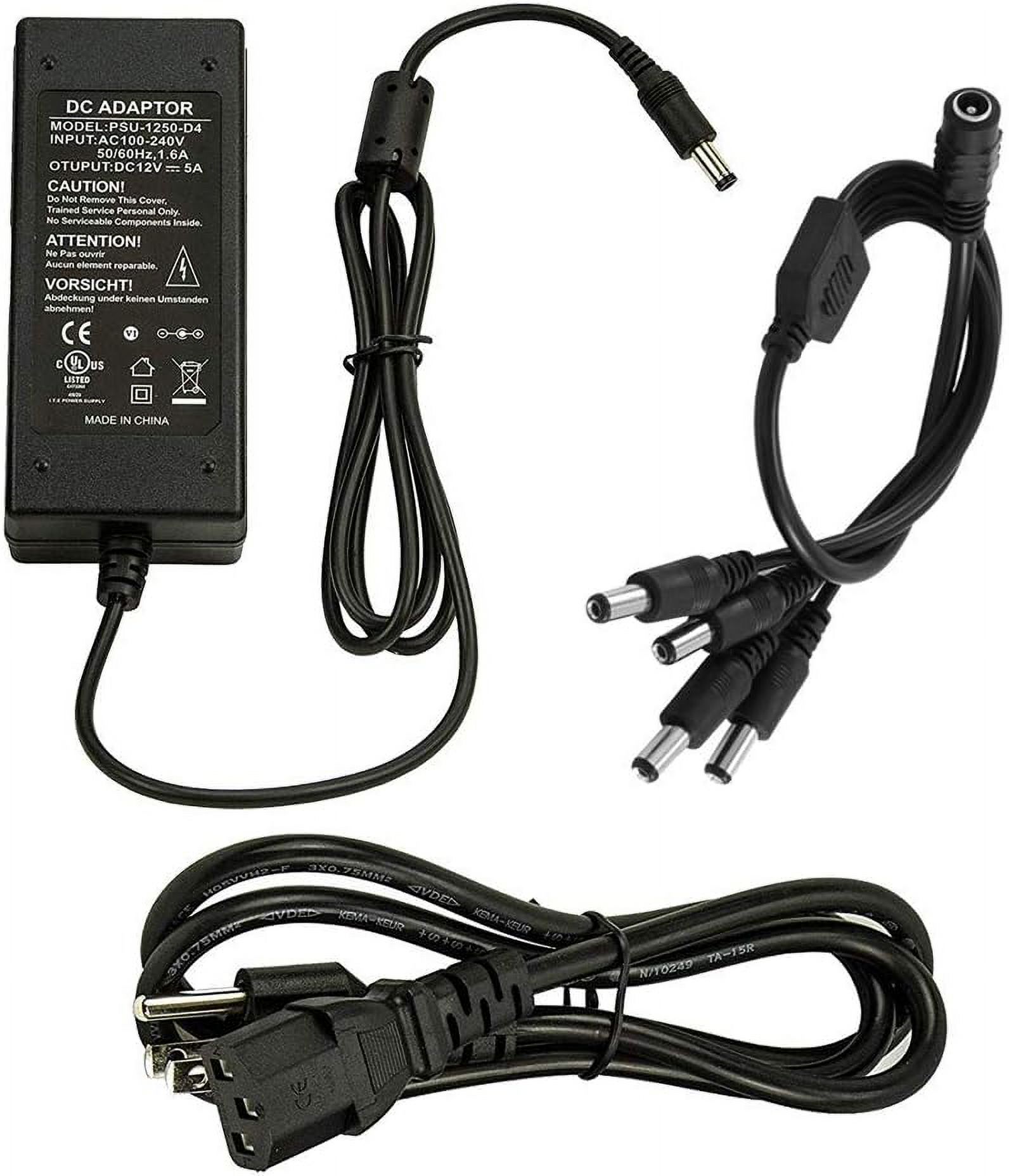 12V 5A Power Adapter & 4-Way Splitter Pigtail Cable, 3 Prong Power Cord ...