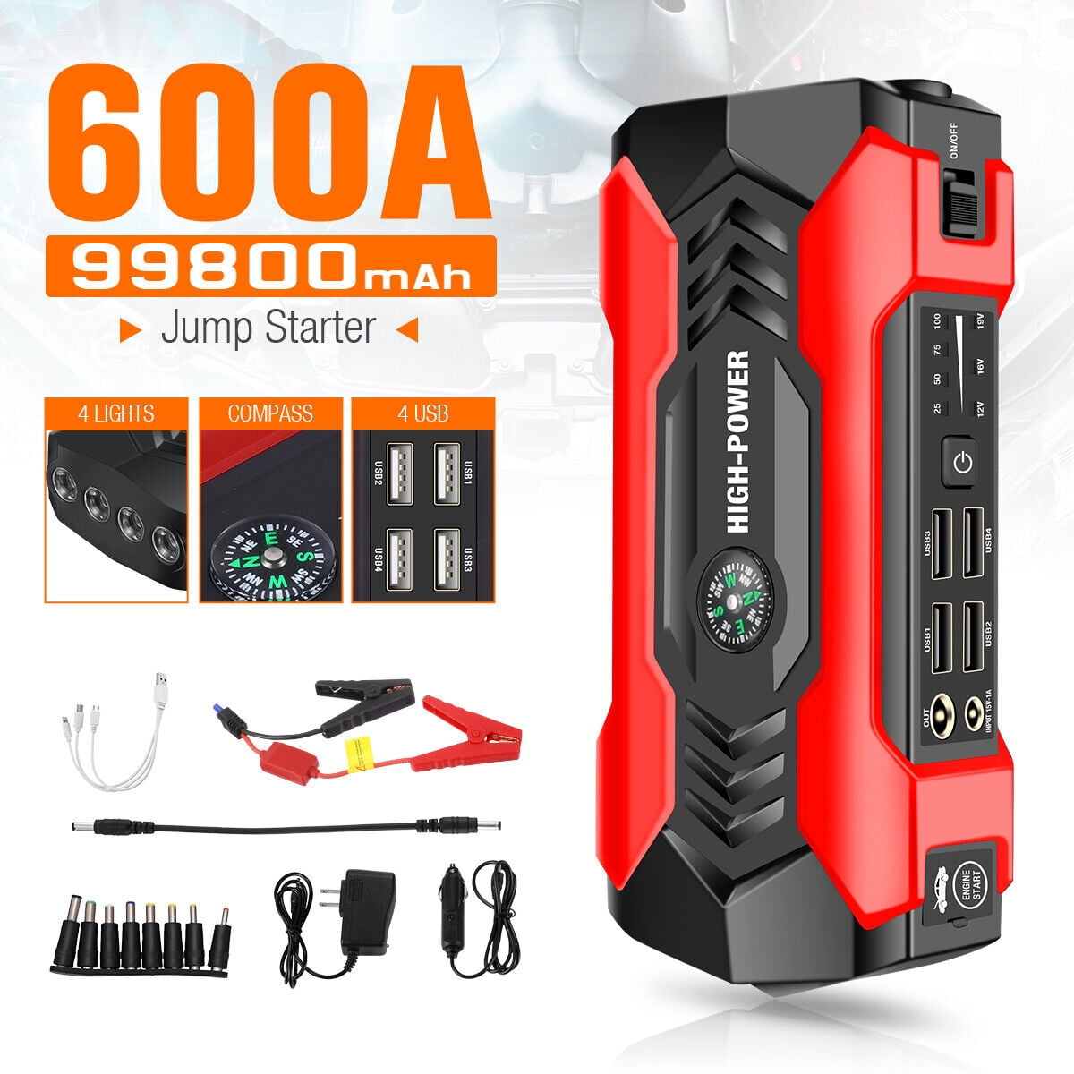 12V 600 Amp High Power Car Emergency Start Device 99800mAh Capacity ...