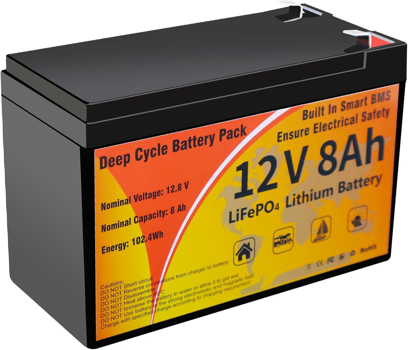 12V 8Ah LiFePO4 Lithium Battery, LiFePO4 Battery Built-in BMS, 4000 ...