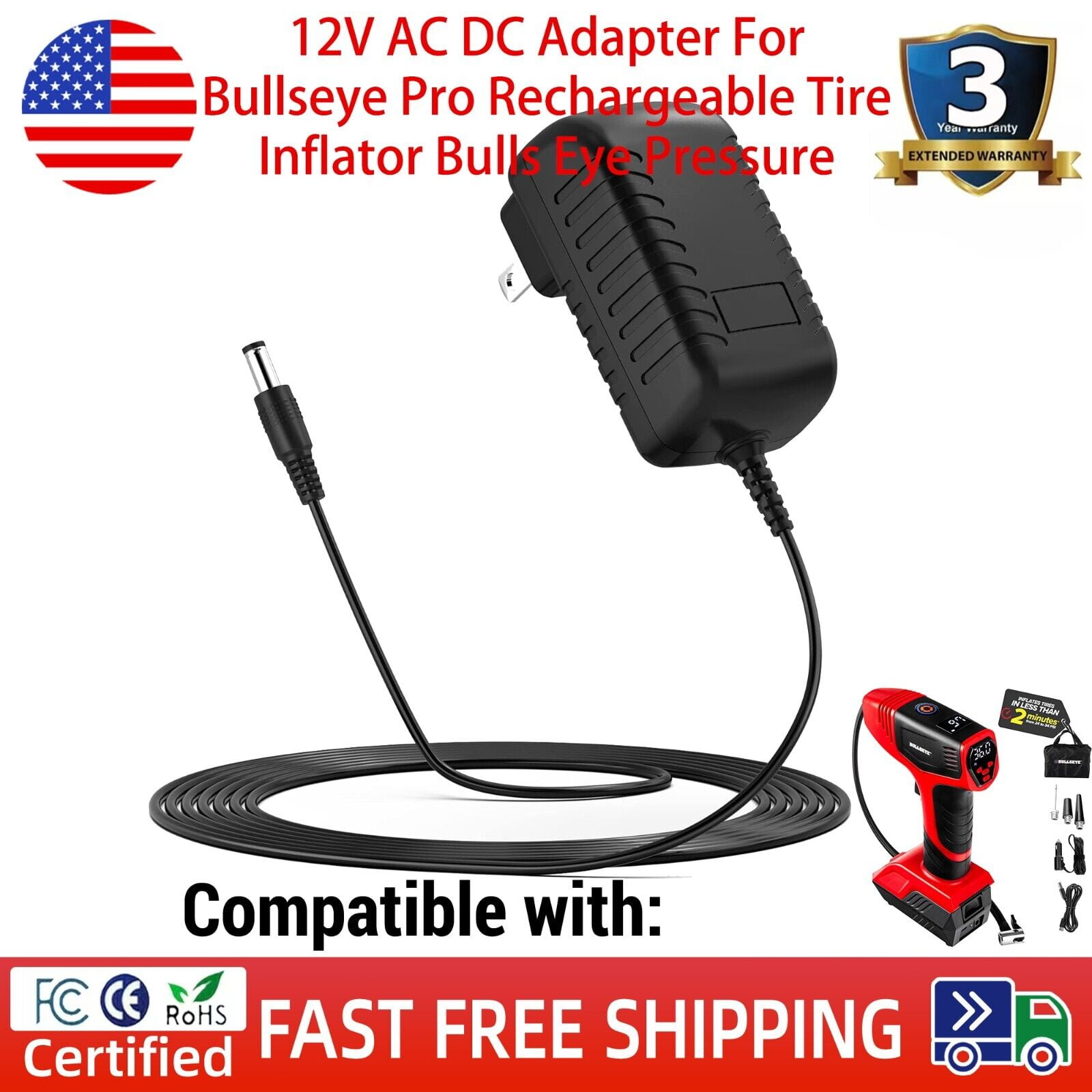 12V AC DC Adapter For Bullseye Pro Rechargeable Tire Inflator Bulls Eye ...