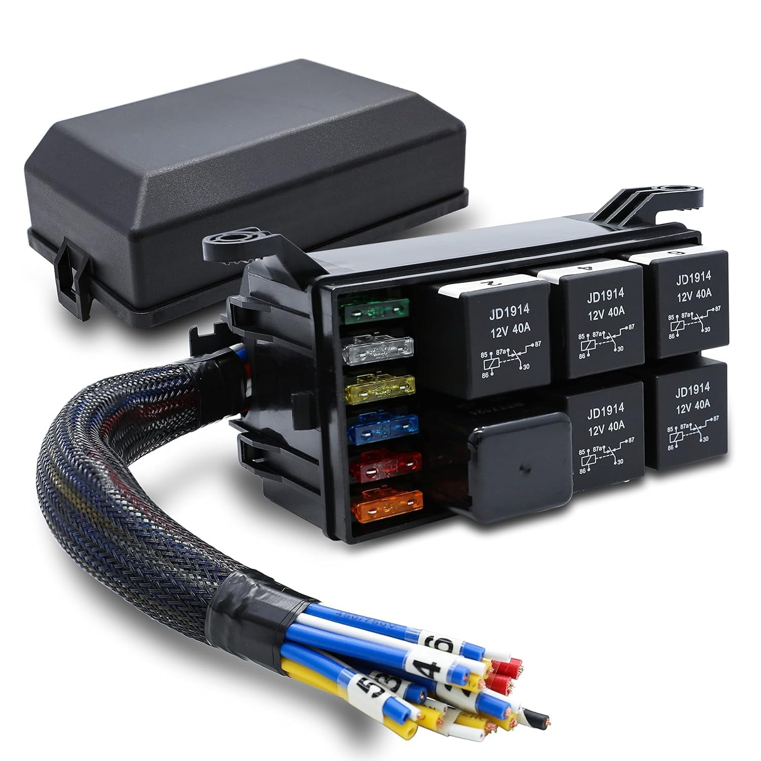 12V Automotive Relay Box 6 Way Relay Fuse Box, with 12 AWG Pre-Wired, Fuse Relay Block Universal ...