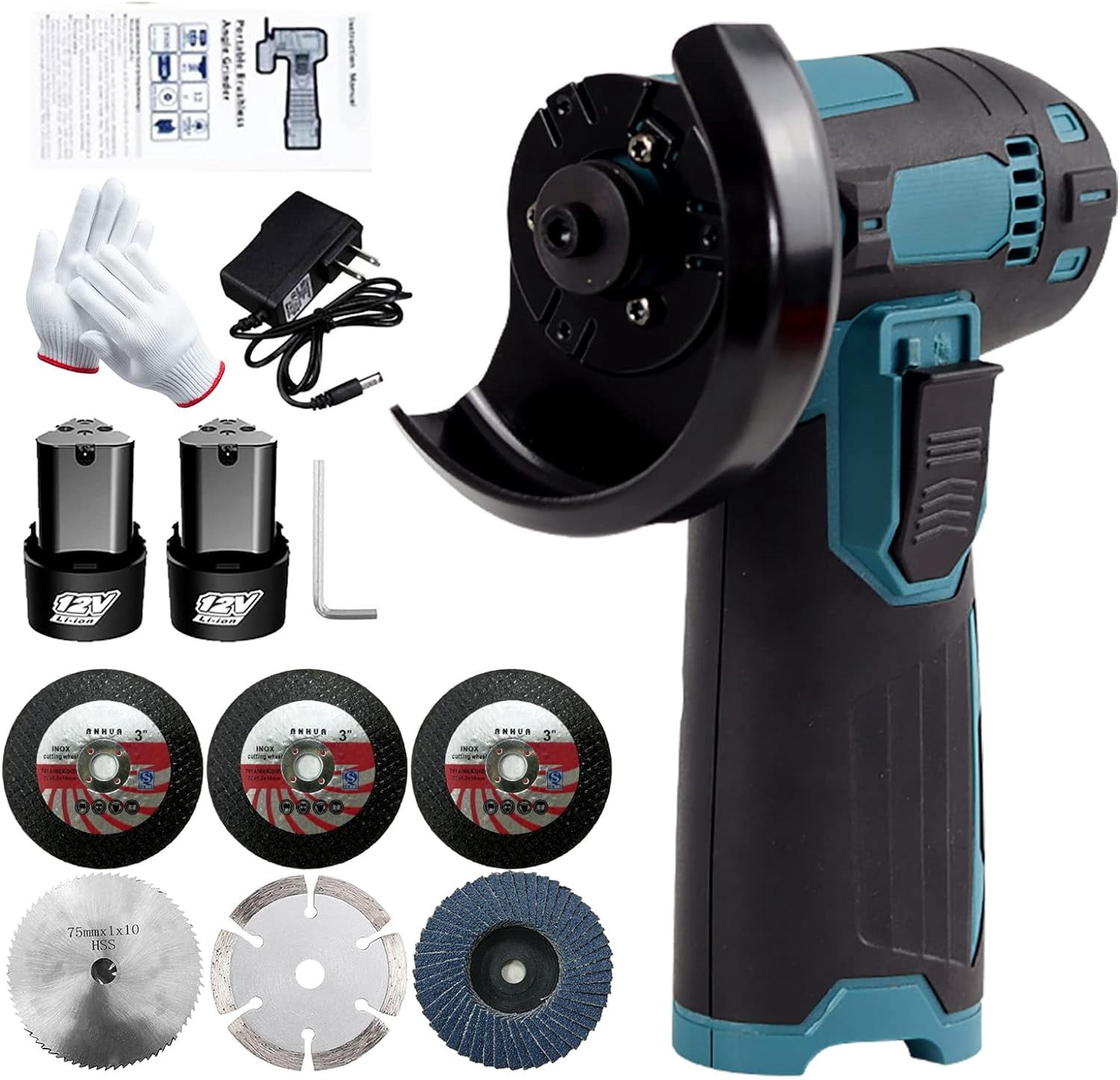 12V Cordless Brush Angle Grinder Kit, Grinding Disc 3/76mm, 19500rpm ...