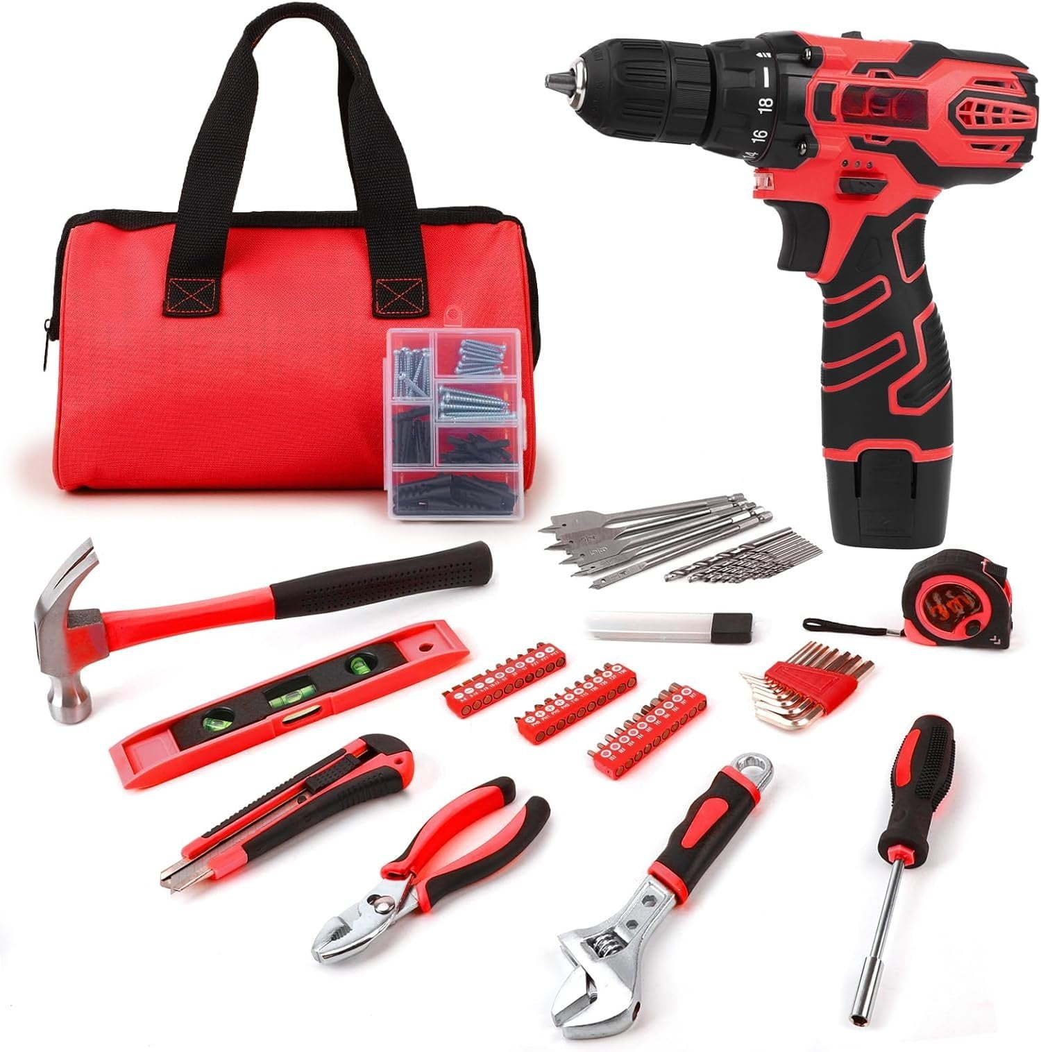 12V Cordless Drill Set, 169 count Hand Tool Set with Cordless Drill ...