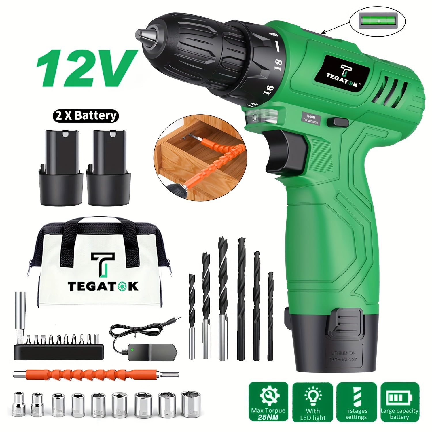 12V Cordless Drill Set Power Drill Kit, 3/ 8-inch Keyless Chuck, Built ...