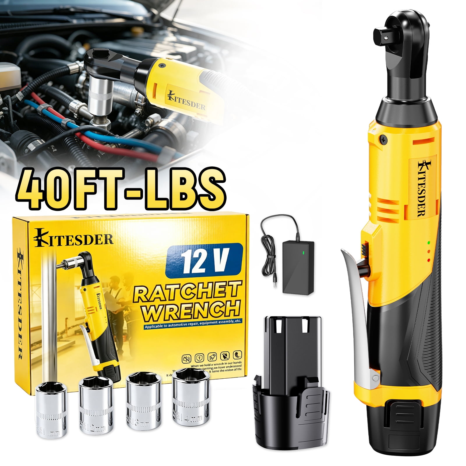 12V Cordless Electric Ratchet Wrench Set, 3/8 Inch 40 Ft-lbs High ...