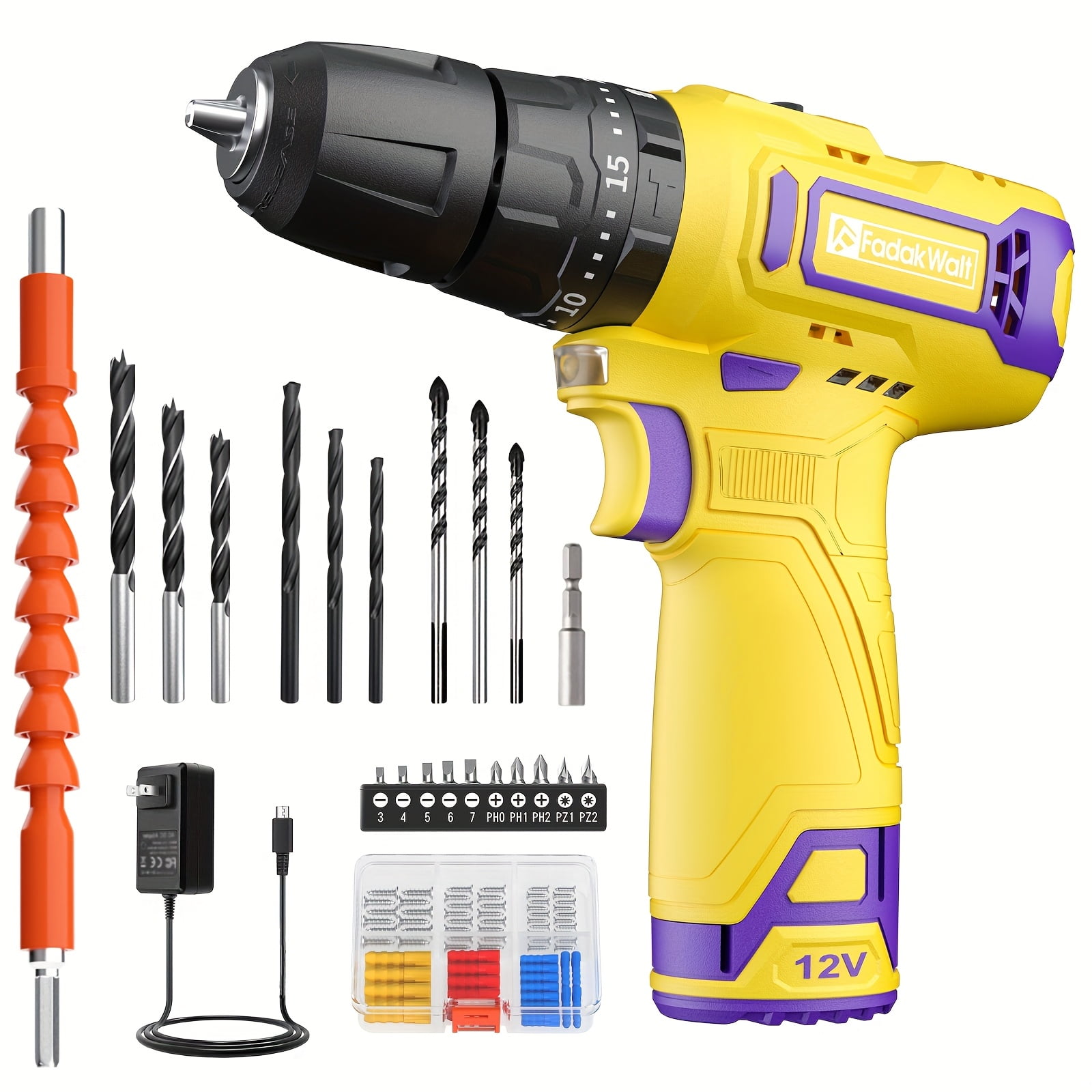 12V Cordless Impact Drill Set - 3/8-inch Keyless Chuck, 20+1 Torque ...