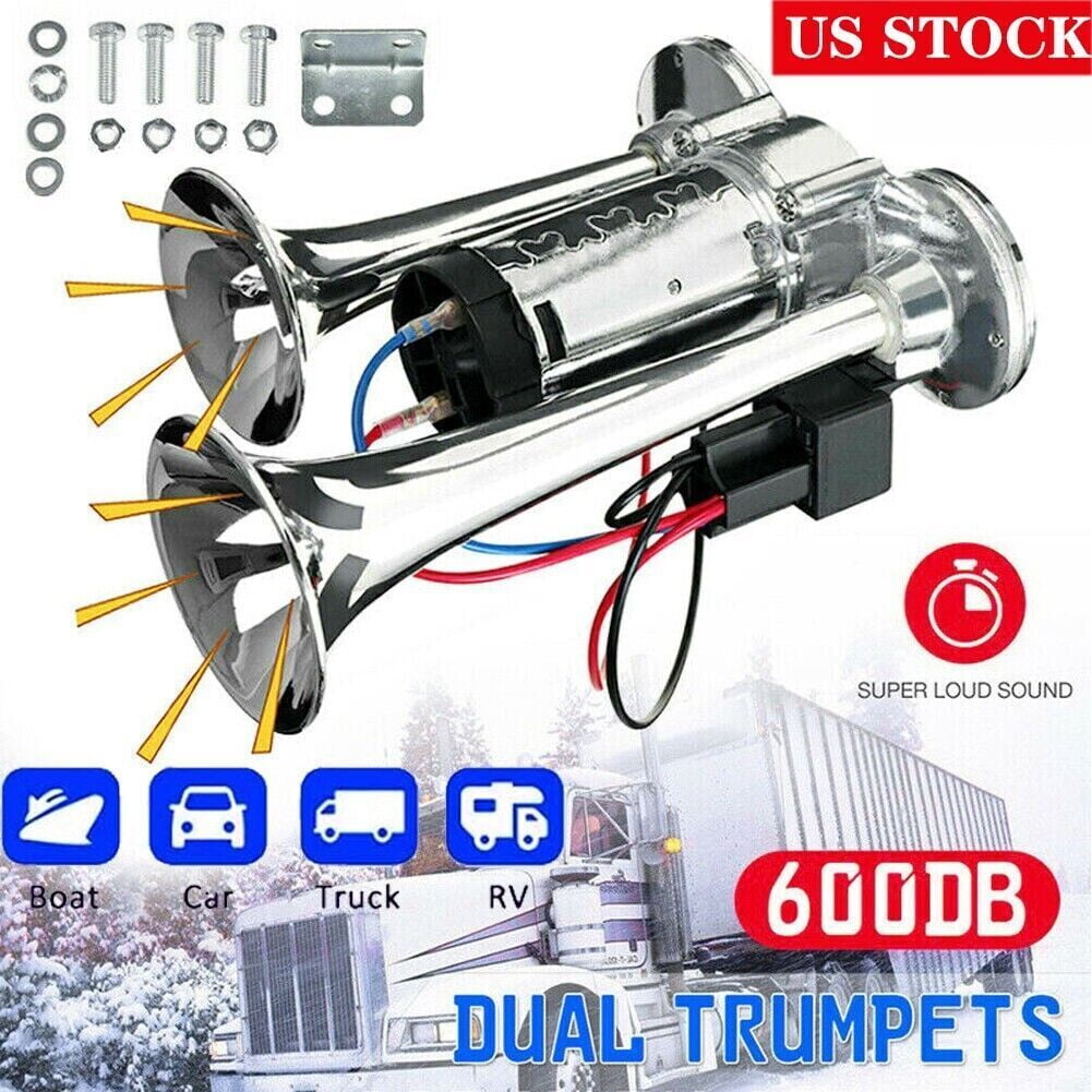 12V Dual Trumpet Car Air Horn w/Compressor Kit SUV RV Train Speaker ...