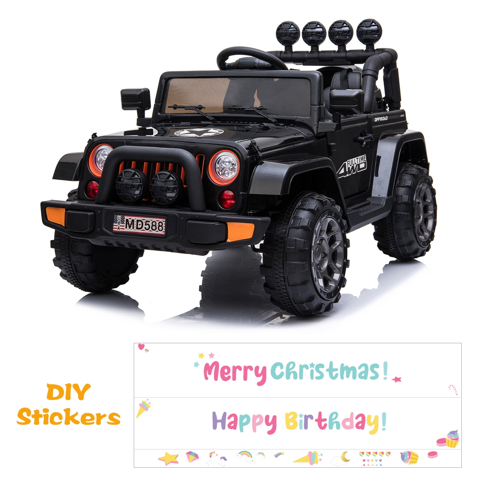 12V Kids Ride On Car with Remote, DIY Stickers, MP3, LED Lights, Doors ...