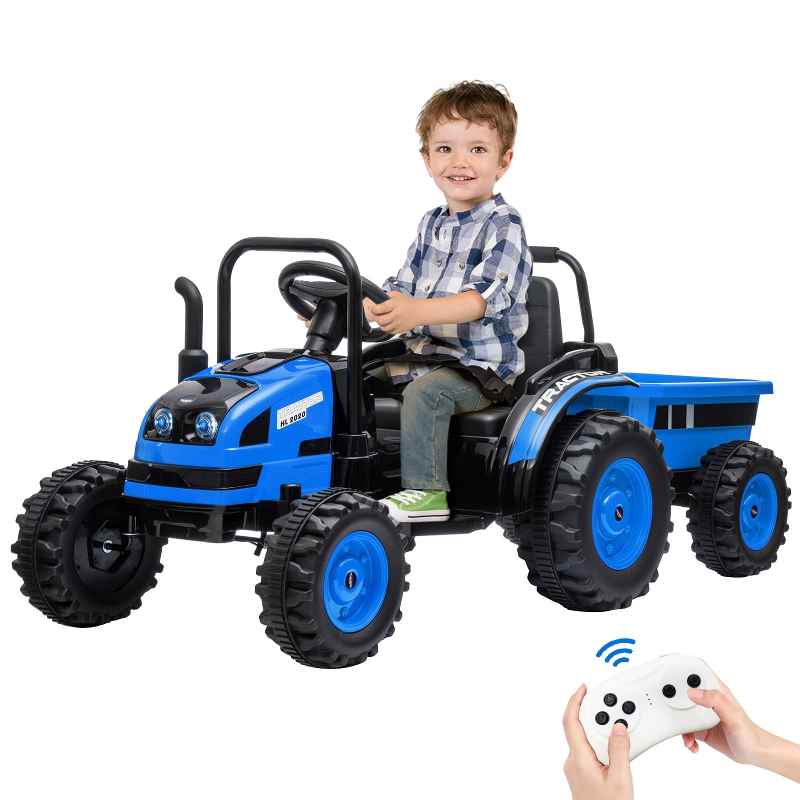 12V Electric Ride-On Tractor for Kids with Trailer, Remote Control Blue ...