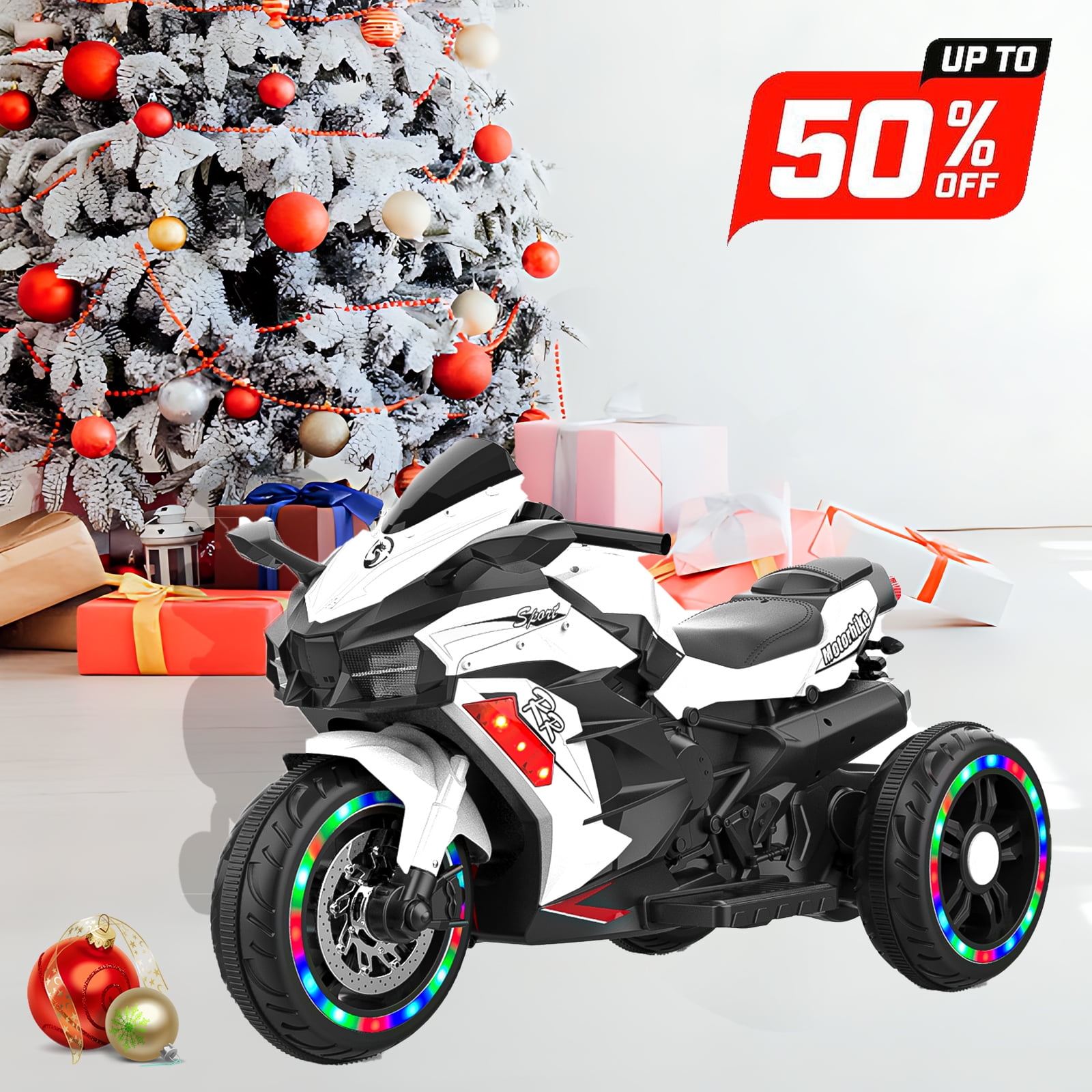 12V 3-Wheel Motorized Ride-On Bike for Kids, Battery Powered with Light ...