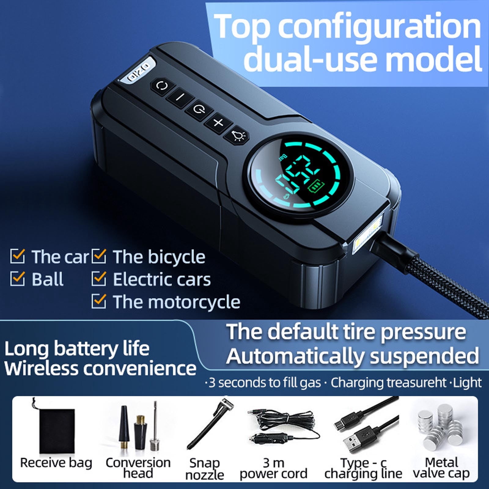 12V High-Power Car Tire Pump, Wireless Portable Emergency Inflator ...