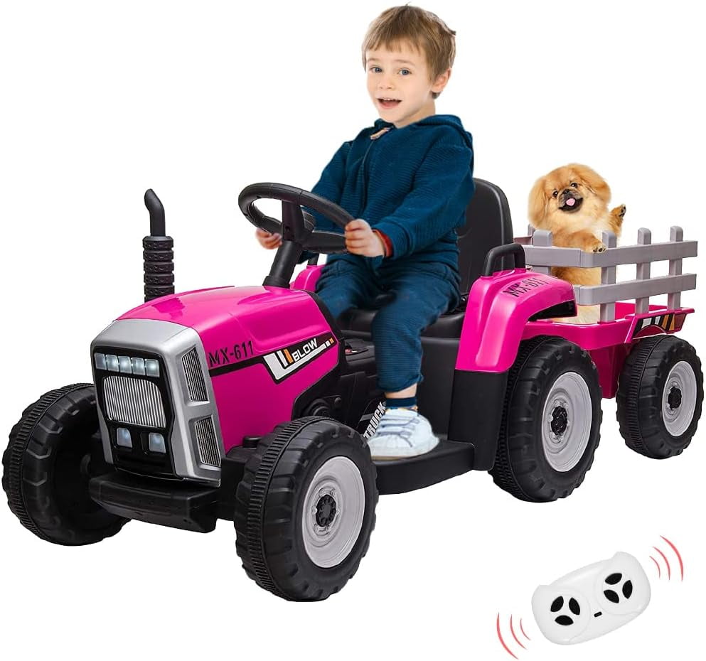 12V Kids Ride-On Christmas Tractor with Trailer, Remote Control, 2+1 ...