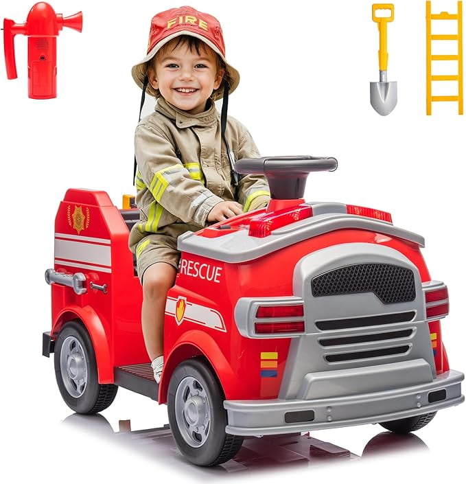 Ride on Fire Truck, 12V Kids Ride On Electric Car, Fire Engine Shape ...