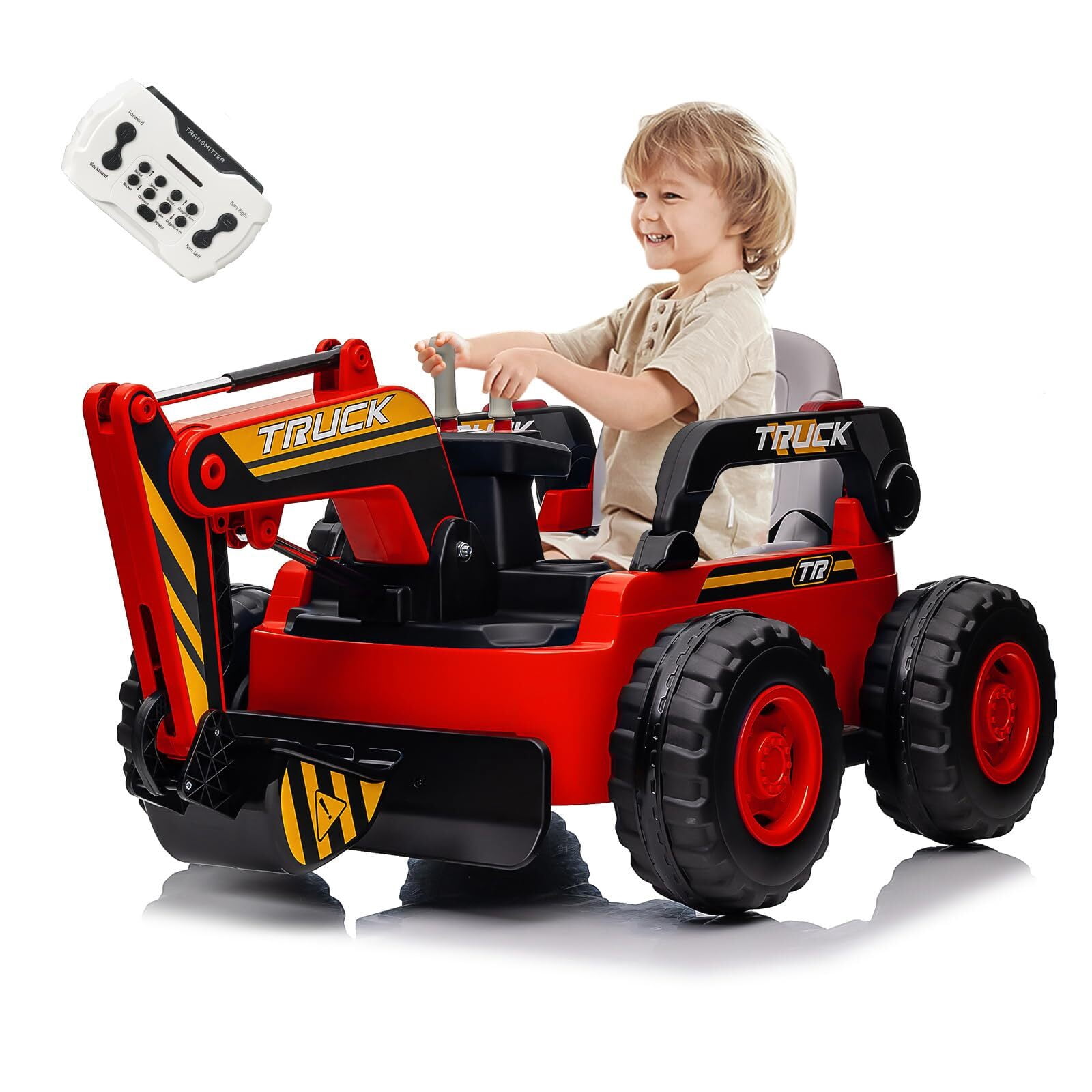 12V Kids Ride-On Excavator, 4WD Electric Excavator Toy, Battery Powered ...