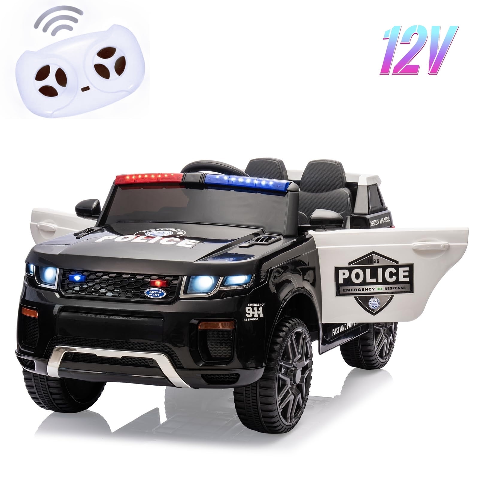 12V Kids Ride-On Police Car with Remote Control, Siren, LED Lights ...