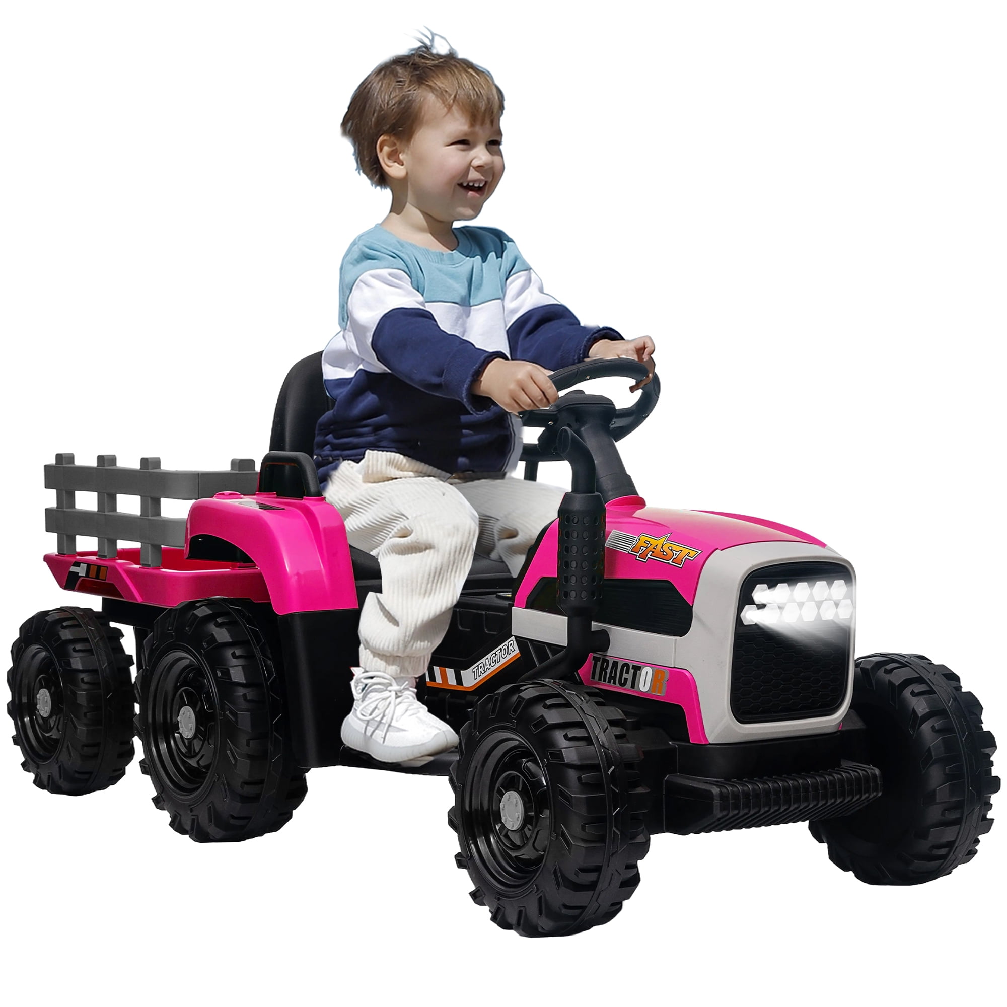 Sesslife 12V Kids Ride-On Tractor with Trailer, Music, LED, Horn, 3-5 ...