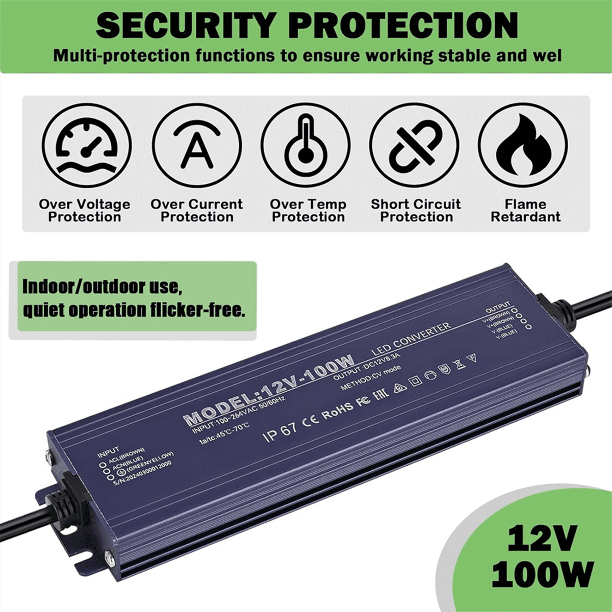 12V LED Driver IP67 Waterproof 12V 100W Power Supply Transformer 100-264V AC to 12Volt DC Low ...