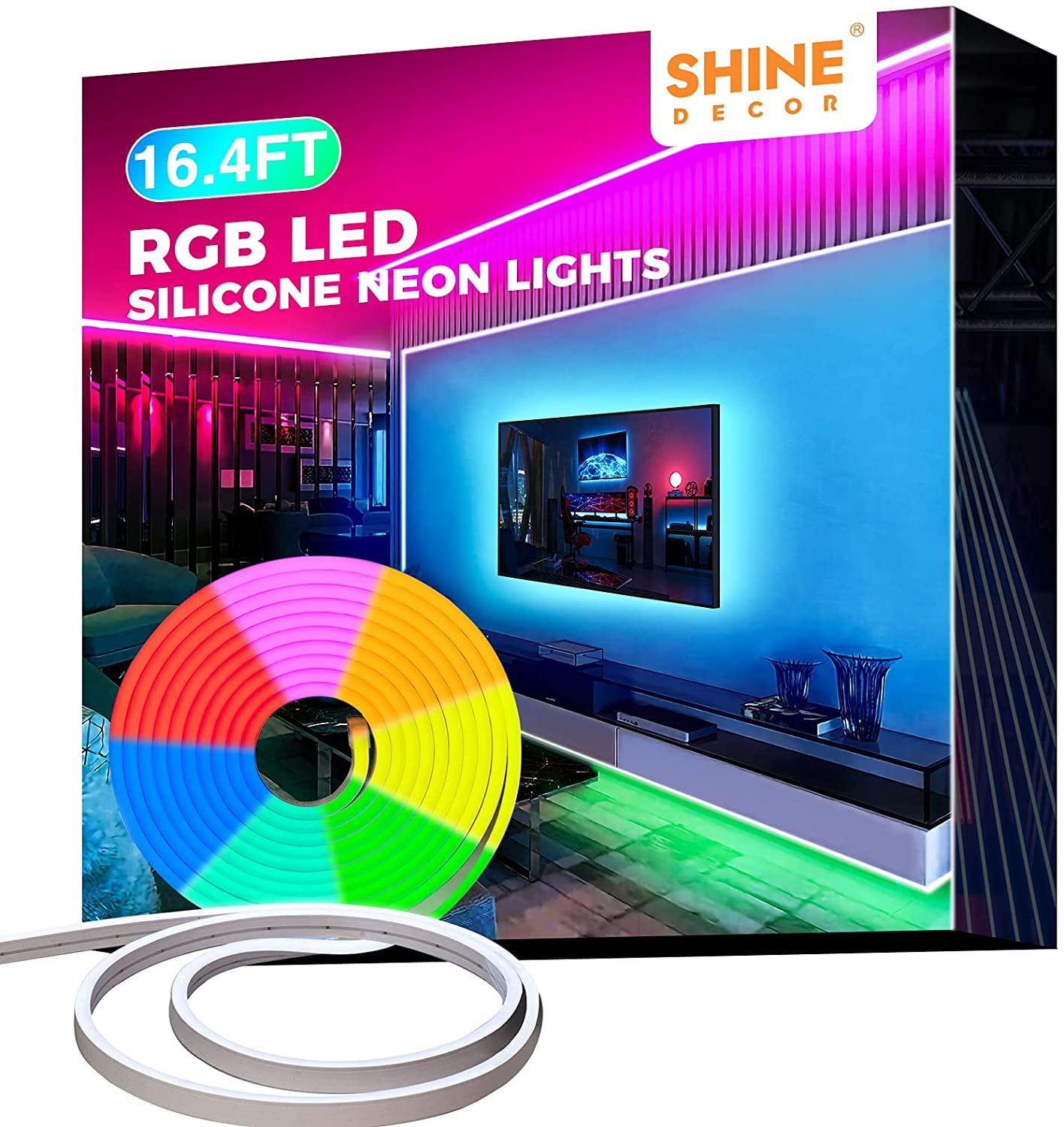 12V LED RGB Neon Rope Lights Dimmable, 16.4FT Silicone Strip Lighting ...