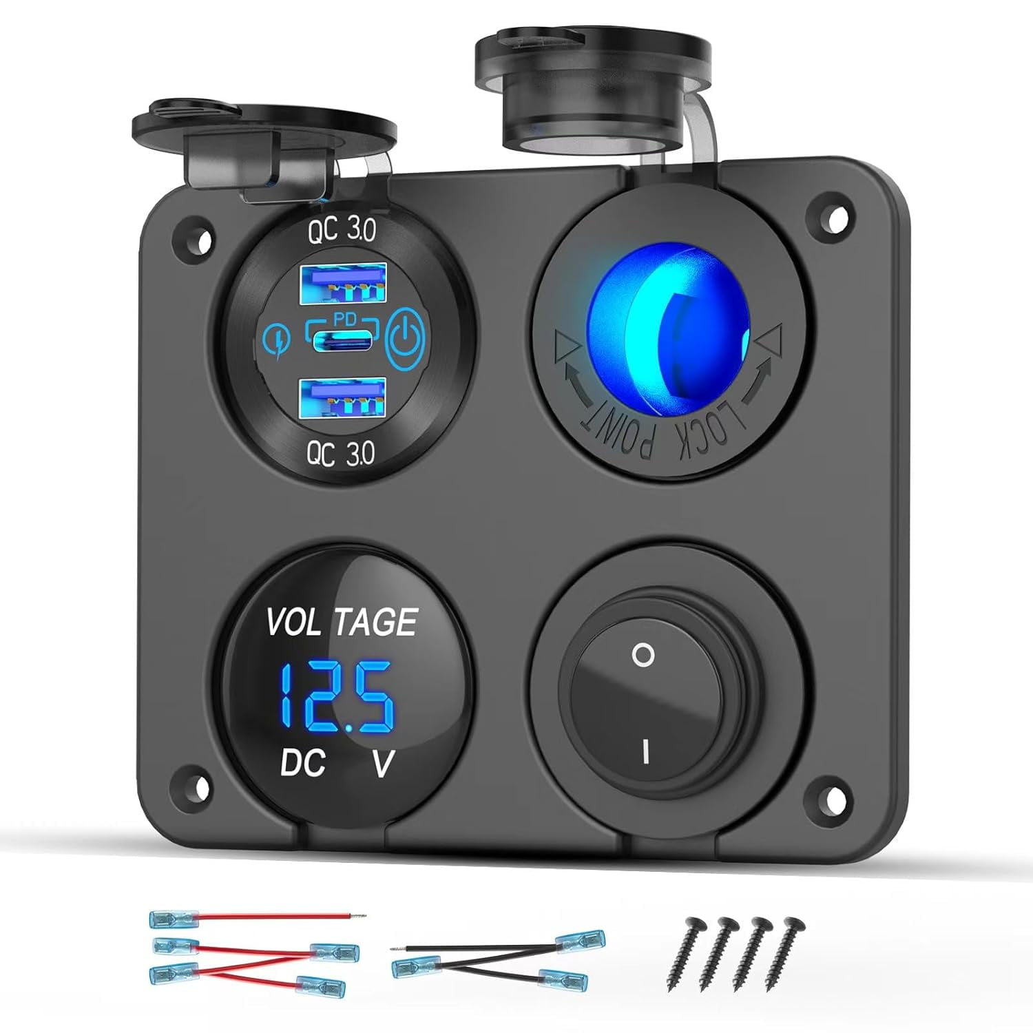 12V Marine Switch Panel, Dual PD30W and QC18W Car USB Port Aluminum ...