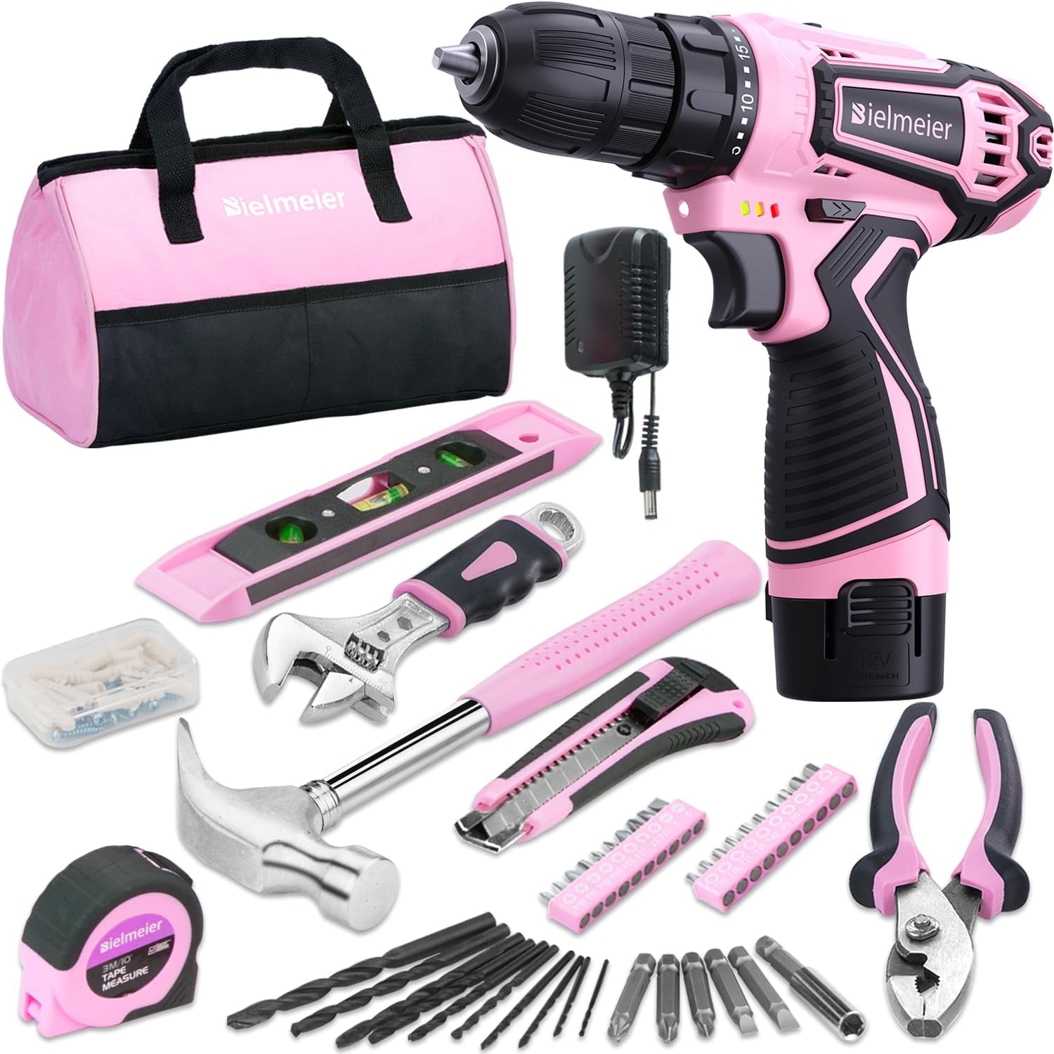 Bielmeier 12V Pink Power Drill Home Tool Kit with Bag, Electric Driver ...