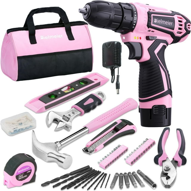 Bielmeier 12V Pink Power Drill Home Tool Kit with Bag, Electric Driver ...