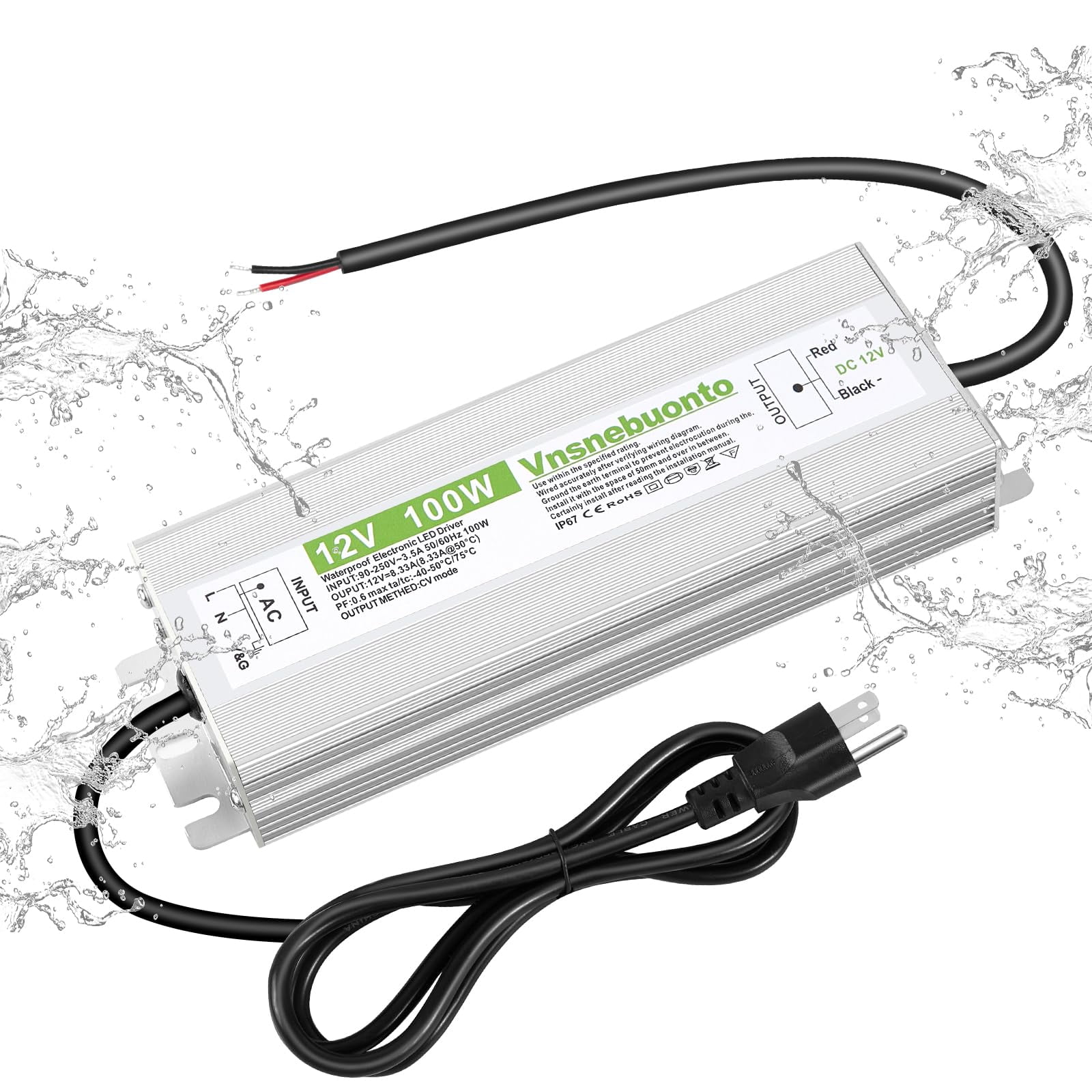 12V Power Supply 100W, 90-250V AC to 12V DC 8.33A Converter, IP67 Waterproof LED Driver, 12 Volt ...